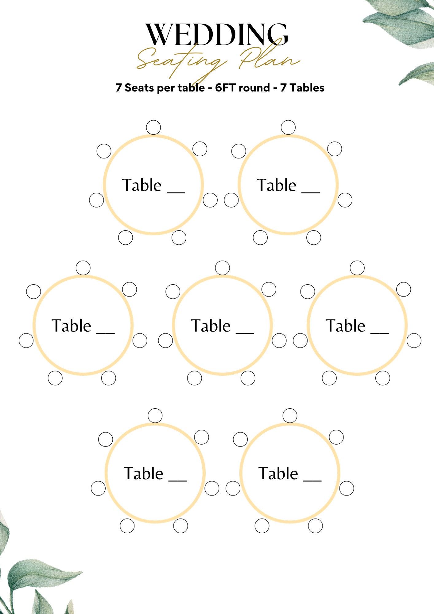 Table Seating Chart Planner for 7 - 70 Table Plan, Seven Seats Table ...