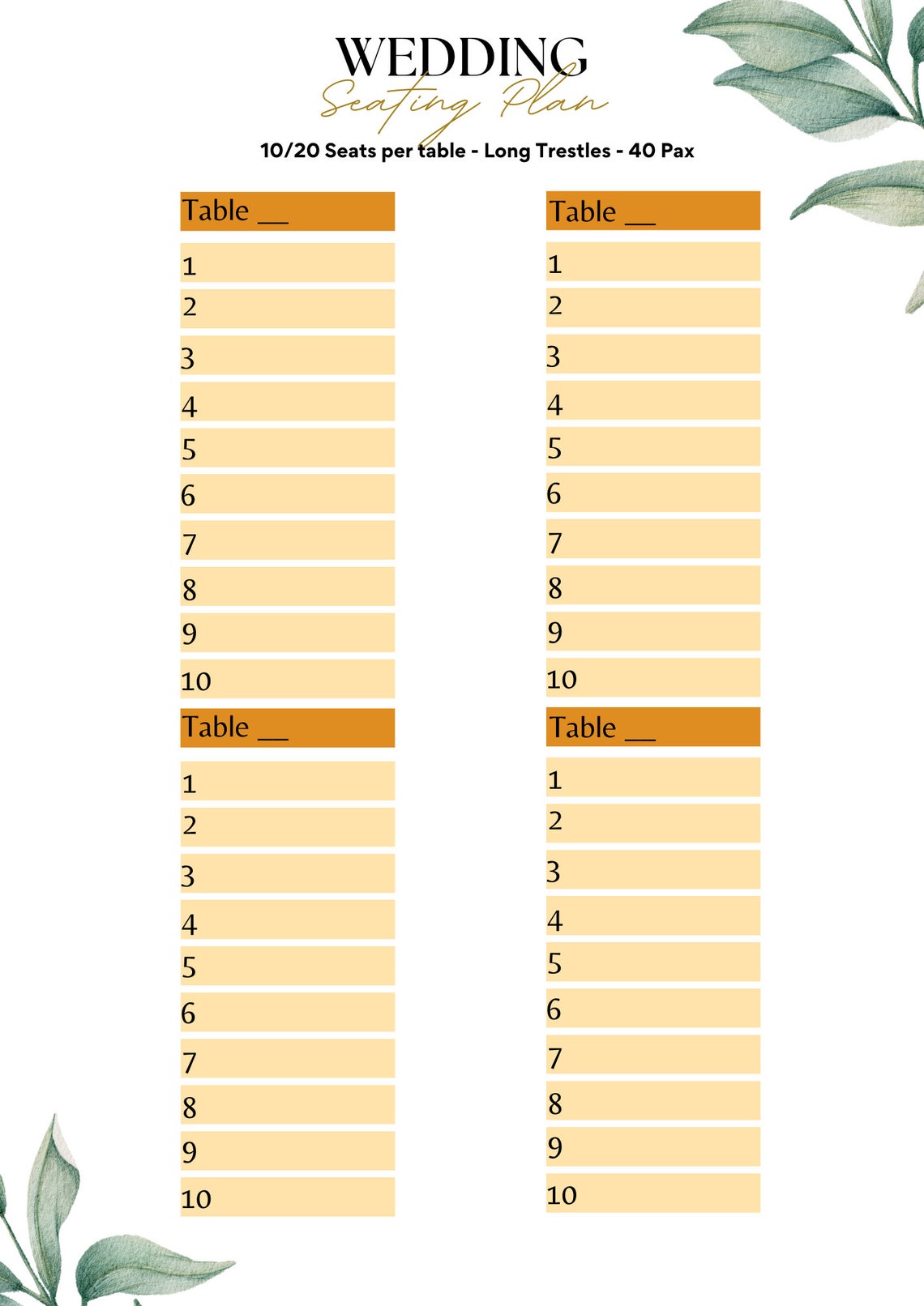 Table Seating Plan Chart Long 20 40 Pax Rectangle Table Guest Names ...