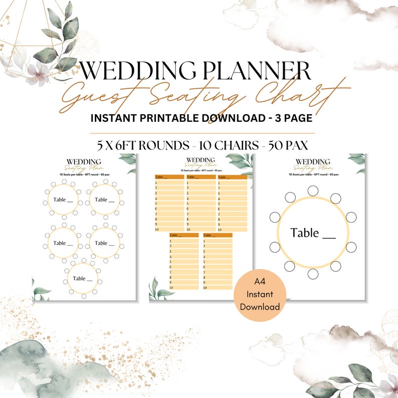 Wedding Table Seating Chart, 50 Guests (PDF Download) - Etsy