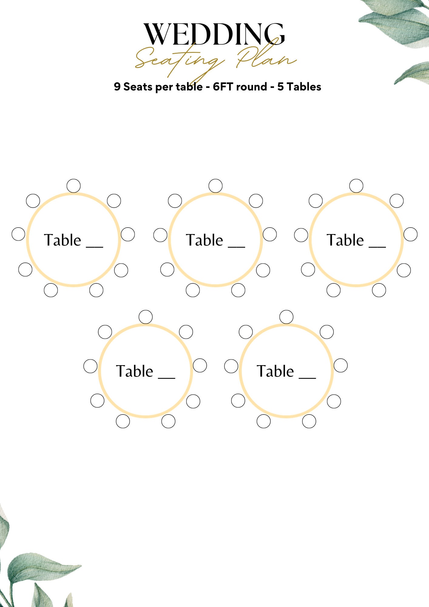 Table Seating Chart Planner for 9 Pax Table Plan, Nine Seats Table ...