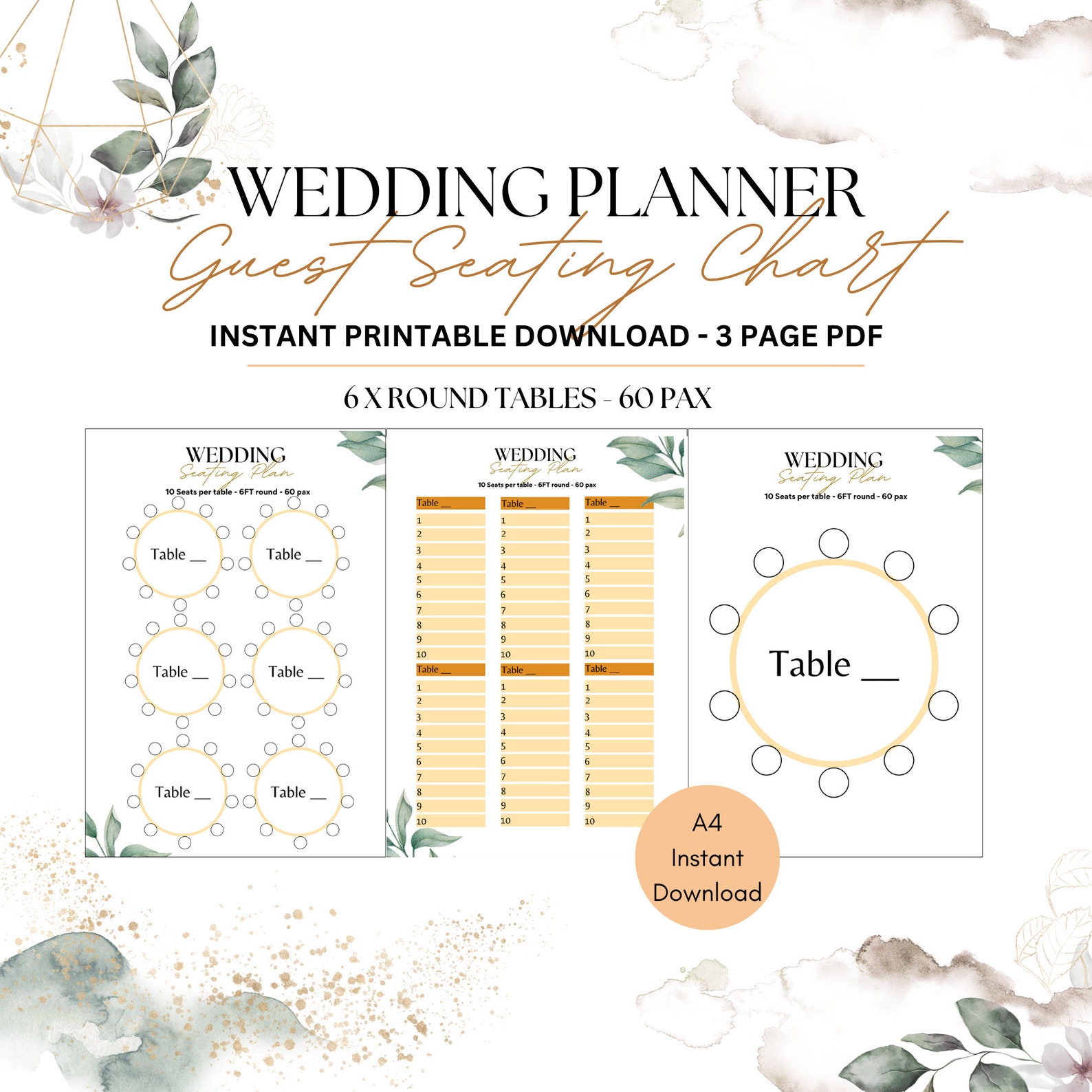 Wedding Seating Chart, 60 Guests, Round Tables (PDF) - Etsy