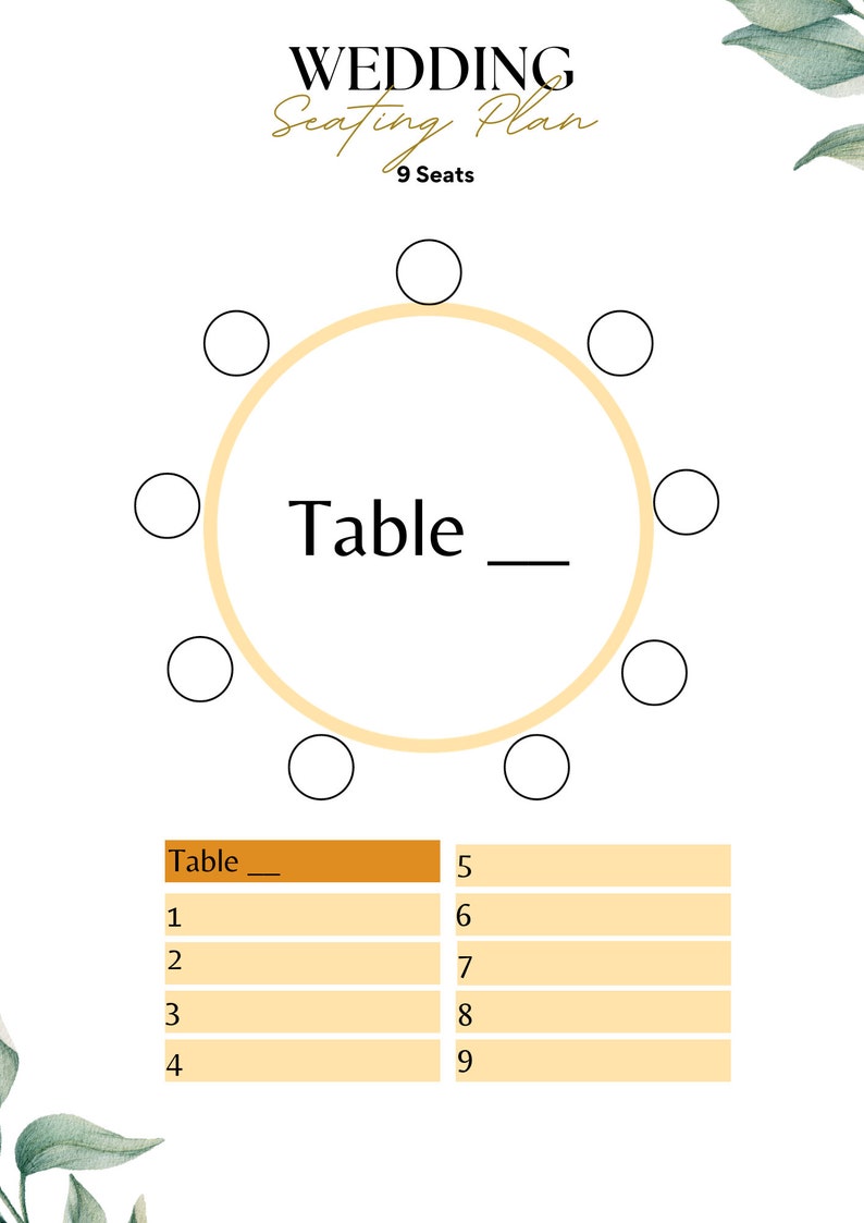 Table Seating Chart Planner for 9 Pax Table Plan, Nine Seats Table ...