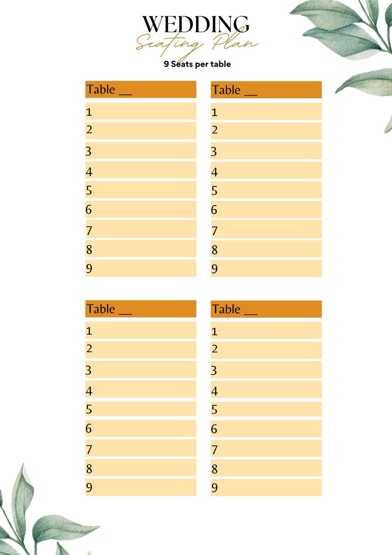 Table Seating Chart Planner for 9 Pax Table Plan, Nine Seats Table ...