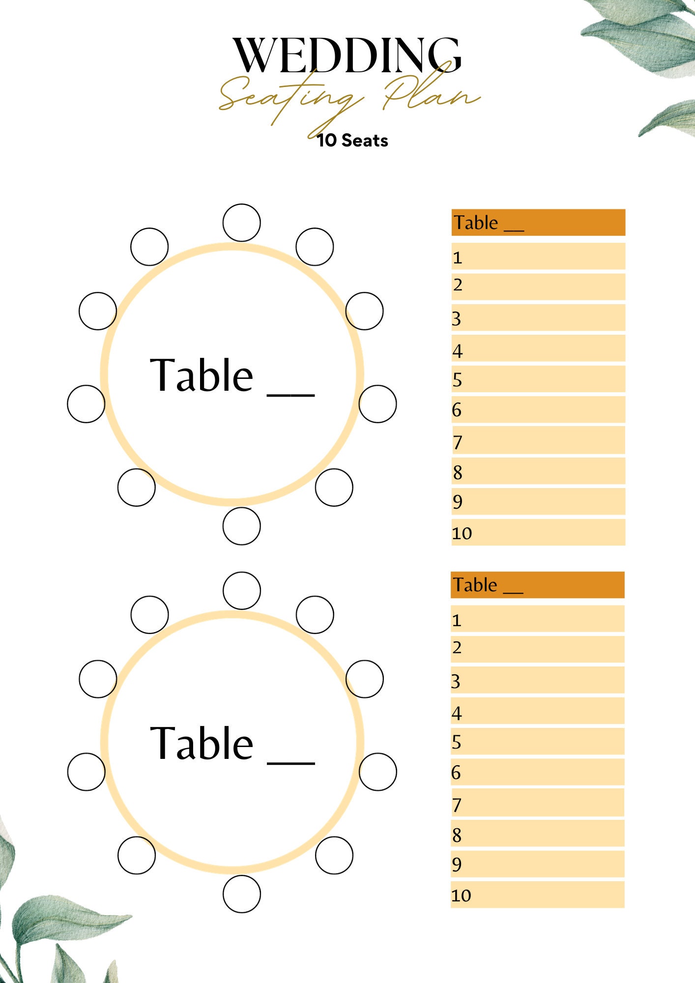 Table Seating Chart Planner for 10 100 Table Plan, 10 Seats Table ...