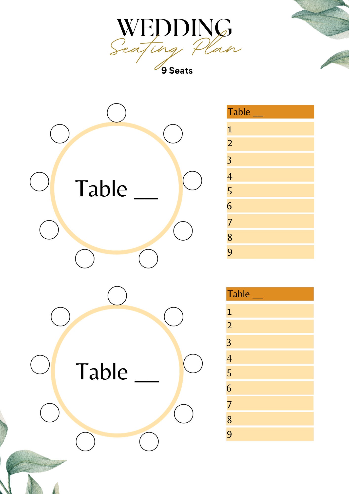 Table Seating Chart Planner for 9 Pax Table Plan, Nine Seats Table ...