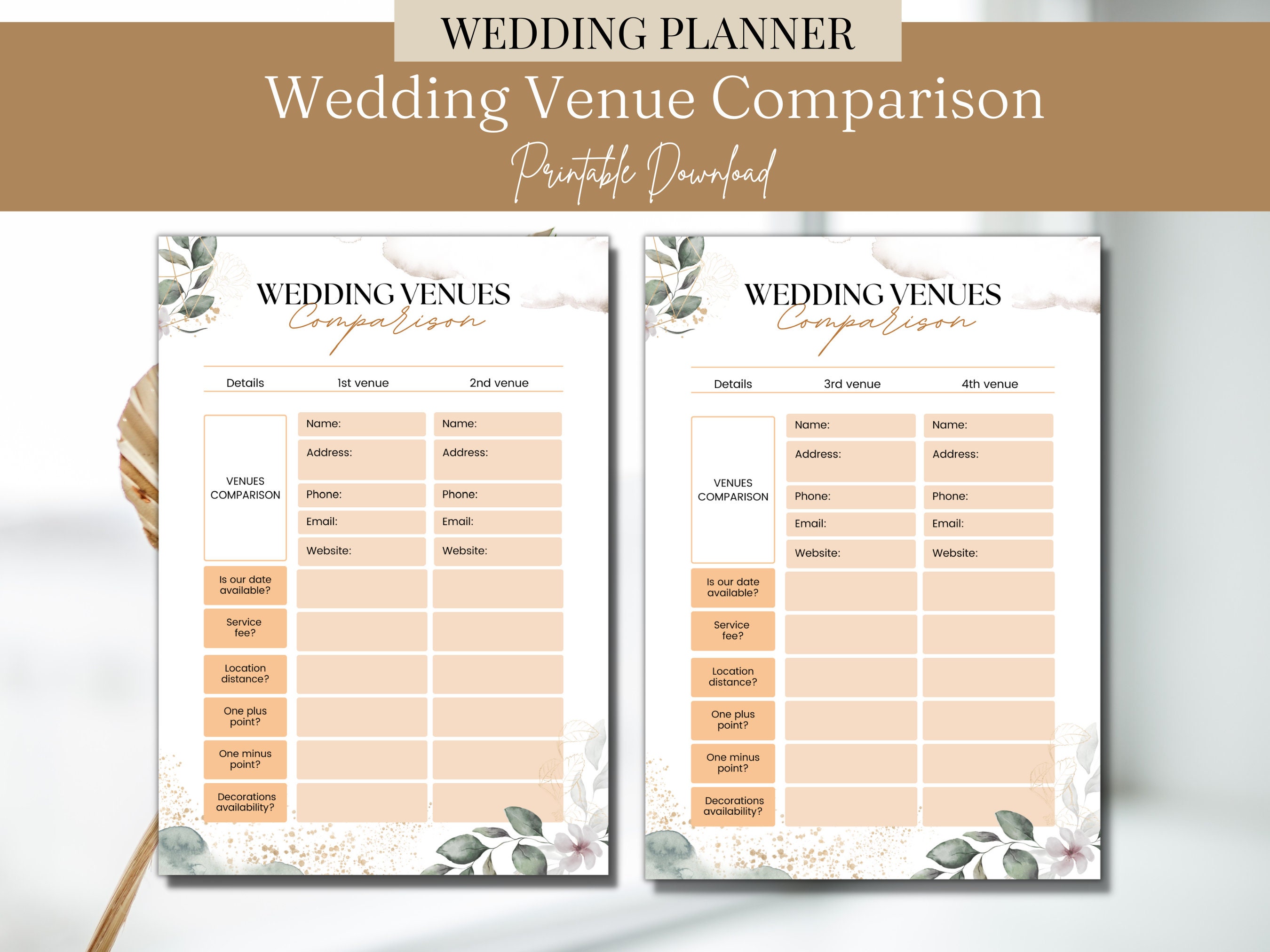 Wedding Venue Comparison Planner, Ceremony and Reception (digital ...