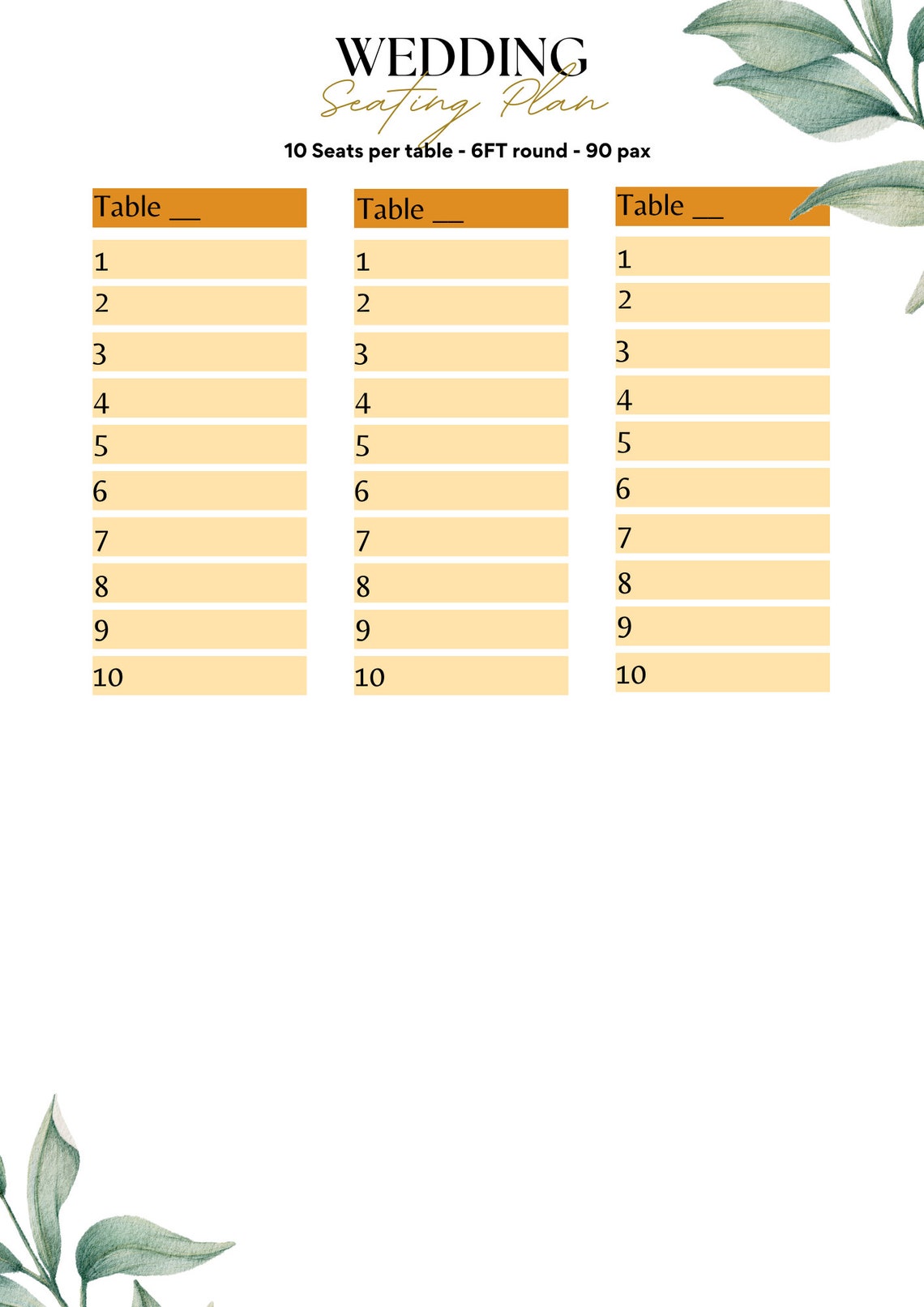 Seating Plan Chart 90 Pax Round, Wedding Table Display for Guest Names ...