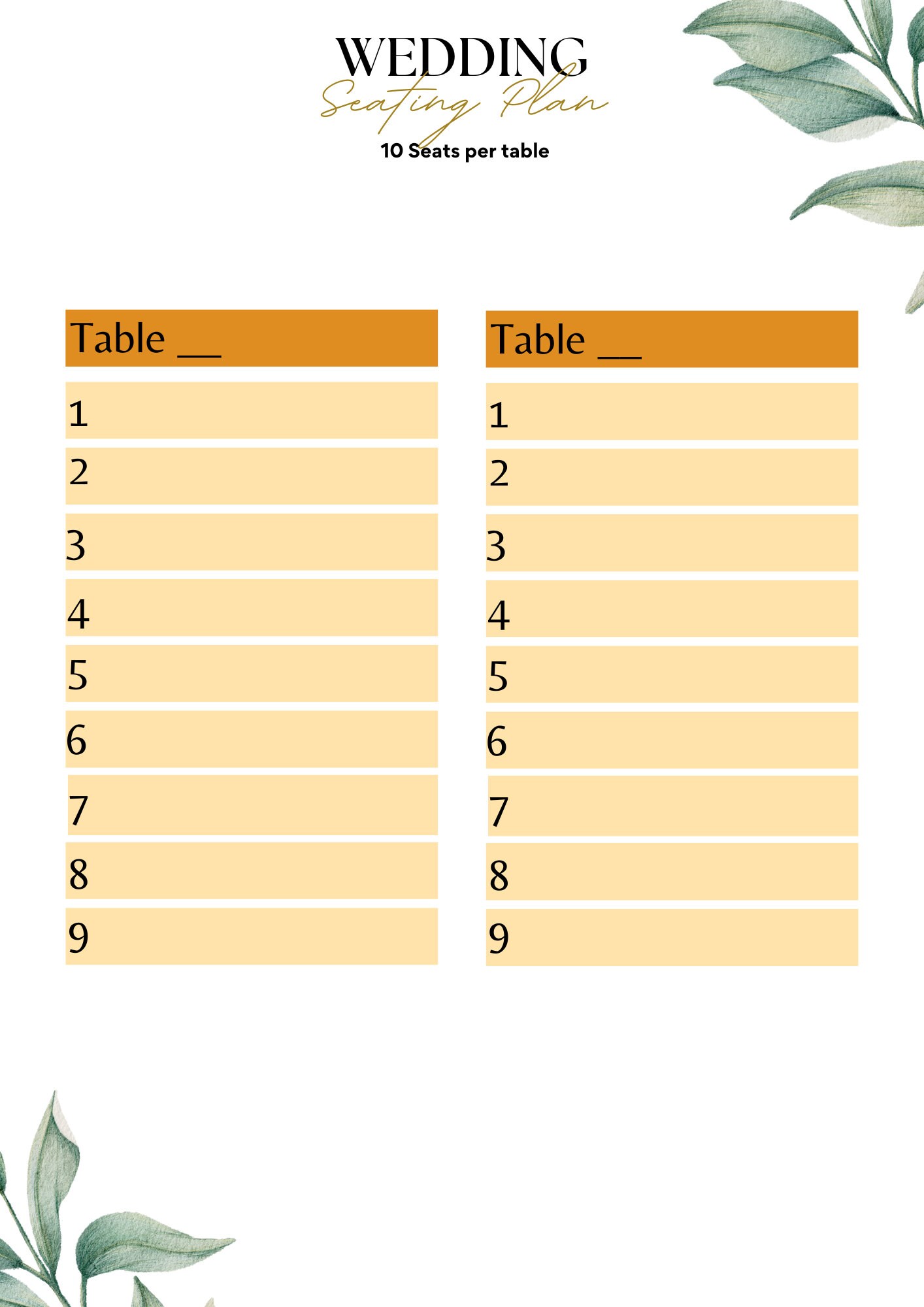 Table Seating Chart Planner for 9 Pax Table Plan, Nine Seats Table ...
