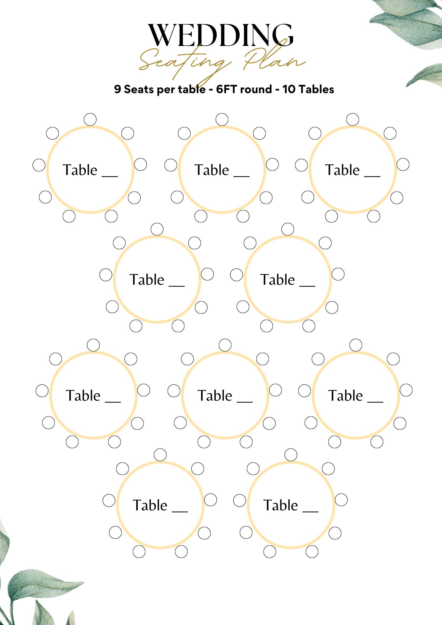 Table Seating Chart Planner for 9 Pax Table Plan, Nine Seats Table ...