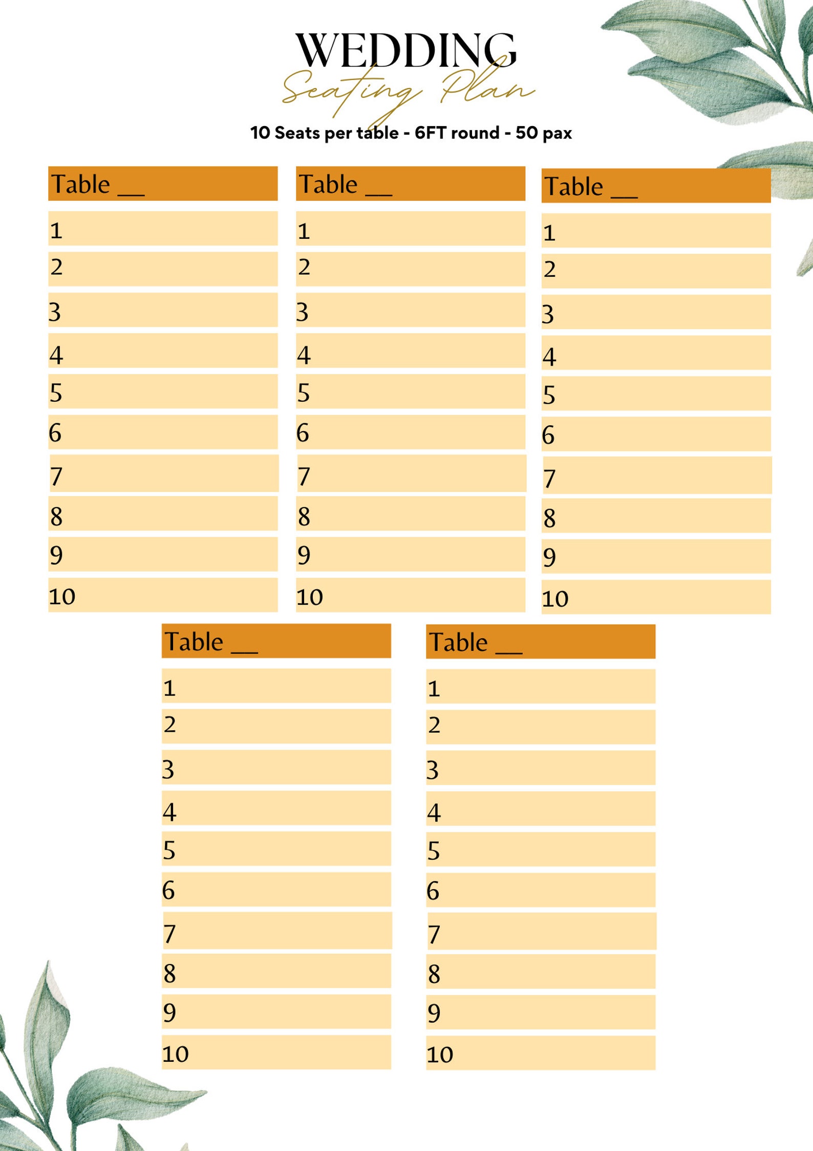 Wedding Table Seating Chart 50 Pax Round Table Display for Guest Names ...