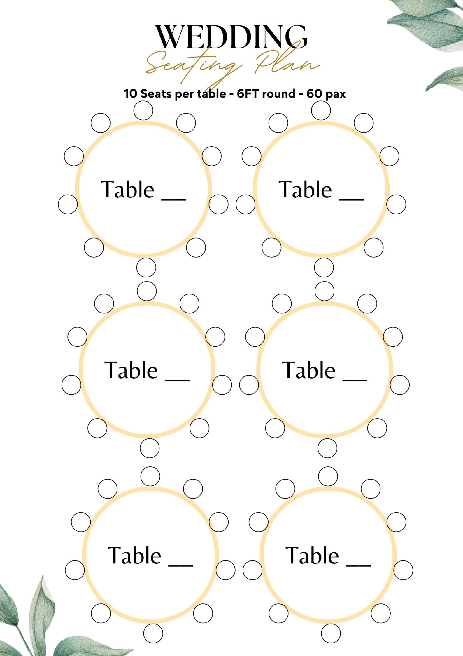 Wedding Planning Seating Plan Chart 60 Pax Round Table Display for Guest Names Seating Planners ...