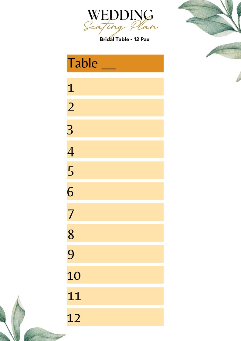 Wedding Table Plan Template Seating Chart Bridal Table 12 Guest Names ...