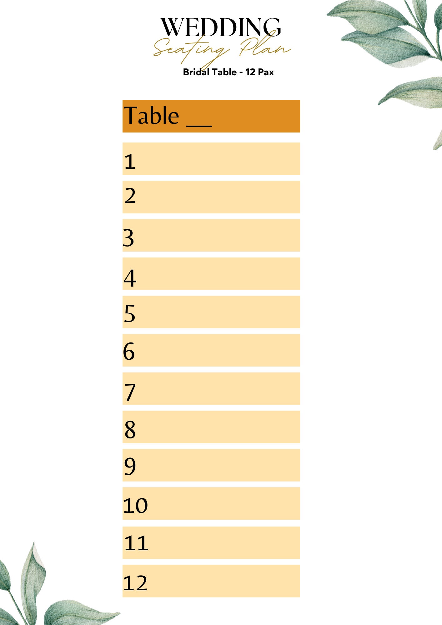 Wedding Table Plan Template Seating Chart Bridal Table 12 Guest Names ...