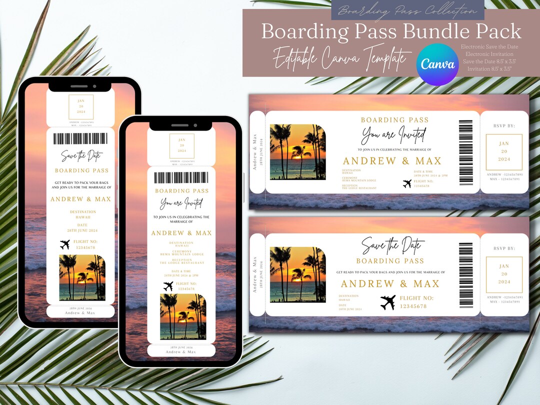 Boarding Pass Wedding Invitation and Save the Date Bundle, Wedding ...