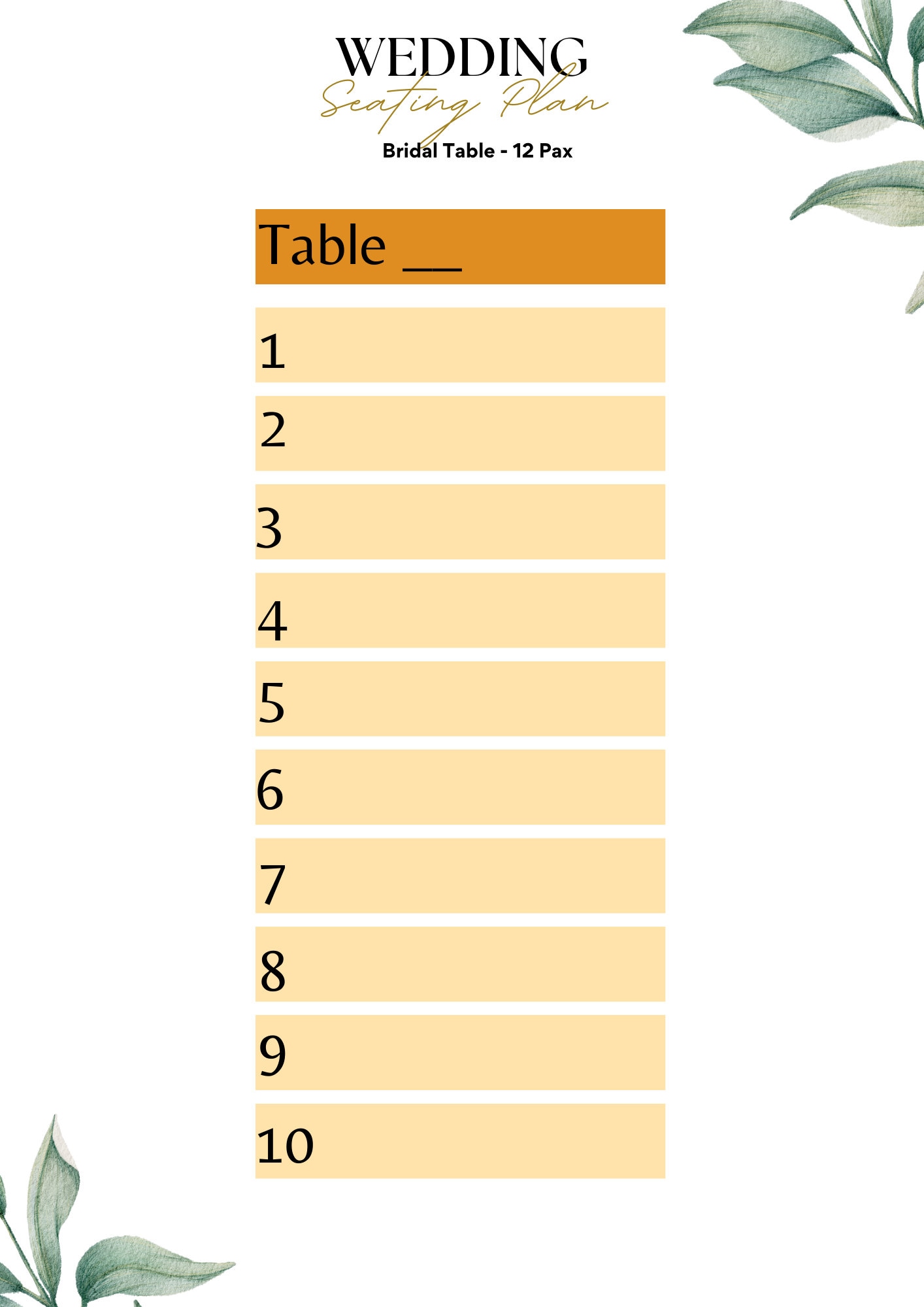 Table Plan Printable Bridal Table Wedding Planning Seating Plan Chart ...