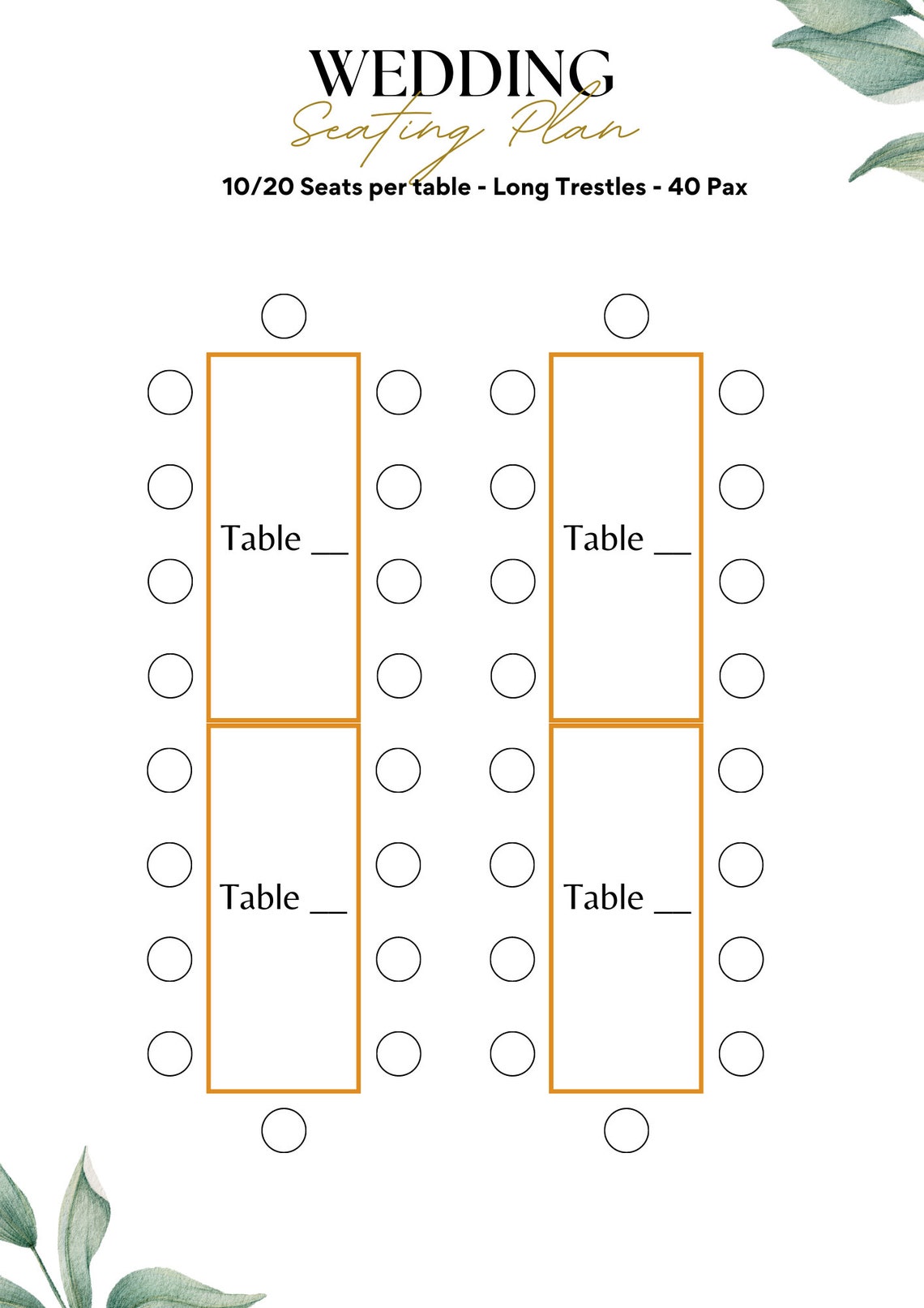 Table Seating Plan Chart Long 20 40 Pax Rectangle Table Guest Names ...