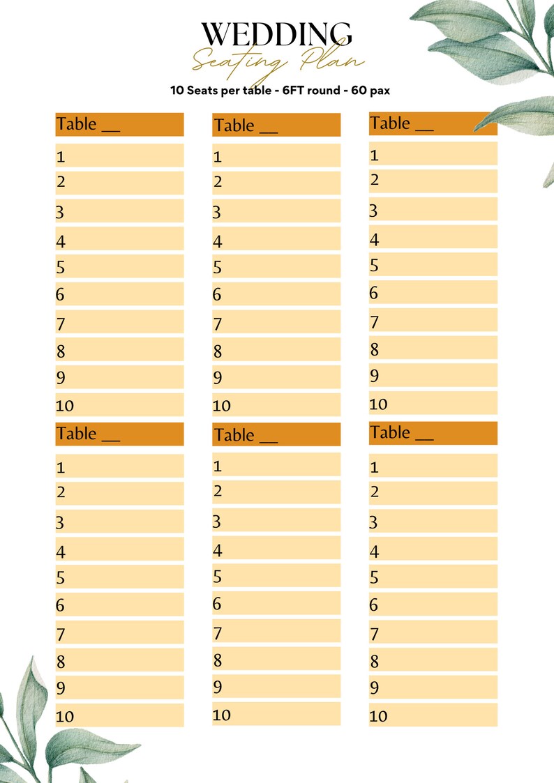Wedding Seating Chart, 60 Guests, Round Tables (PDF) - Etsy