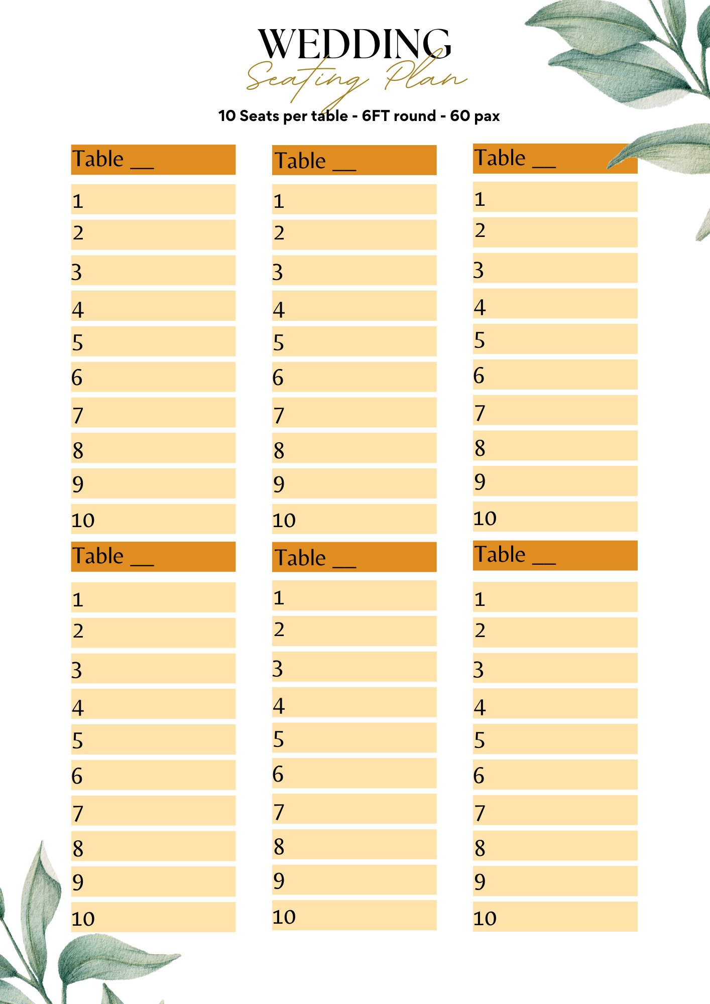 Wedding Planning Seating Plan Chart 60 Pax Round Table Display for ...