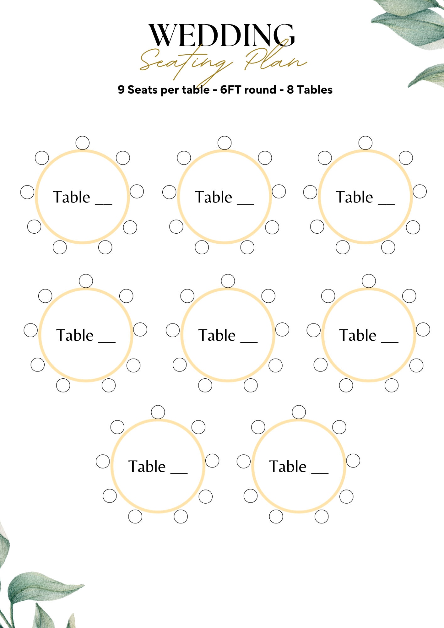 Table Seating Chart Planner for 9 Pax Table Plan, Nine Seats Table ...