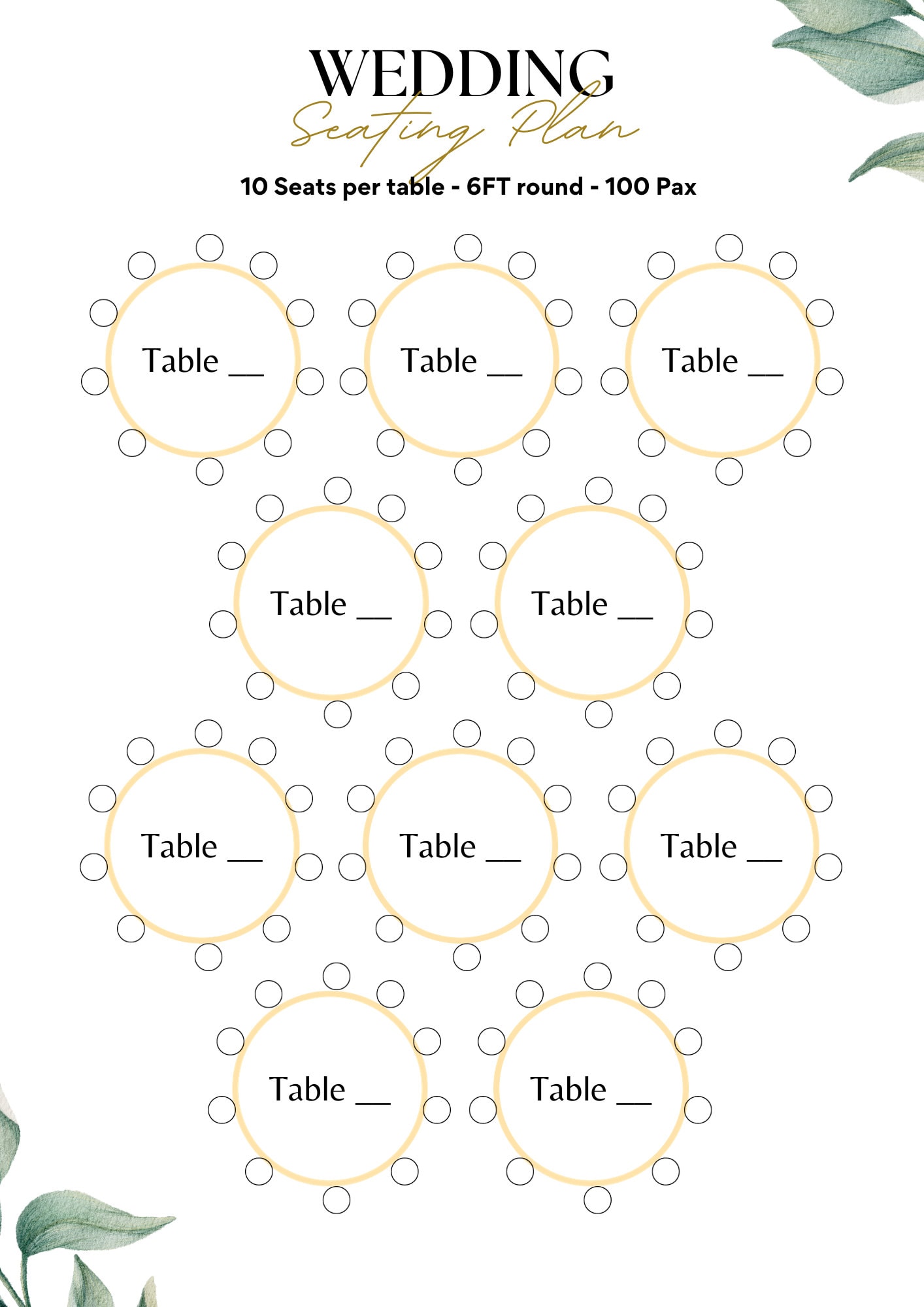 Table Seating Chart Planner for 10 100 Table Plan, 10 Seats Table ...
