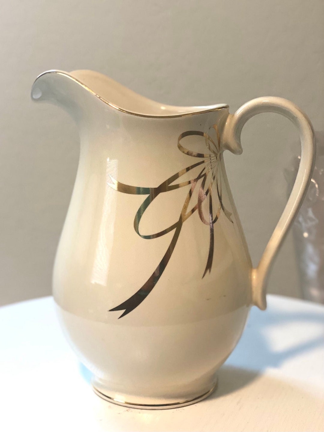 Vintage Teleflora Gift Porcelain Pitcher Gold Ribbon Bow Accent - Etsy