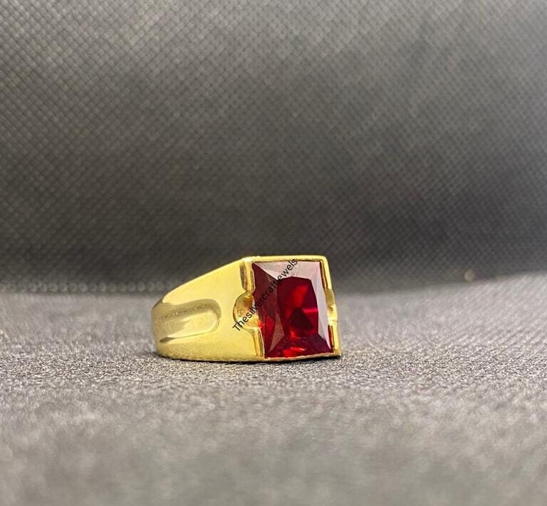 4ct Princess Cut Red Ruby Men's Wedding Engagement Ring 14K Yellow Gold ...