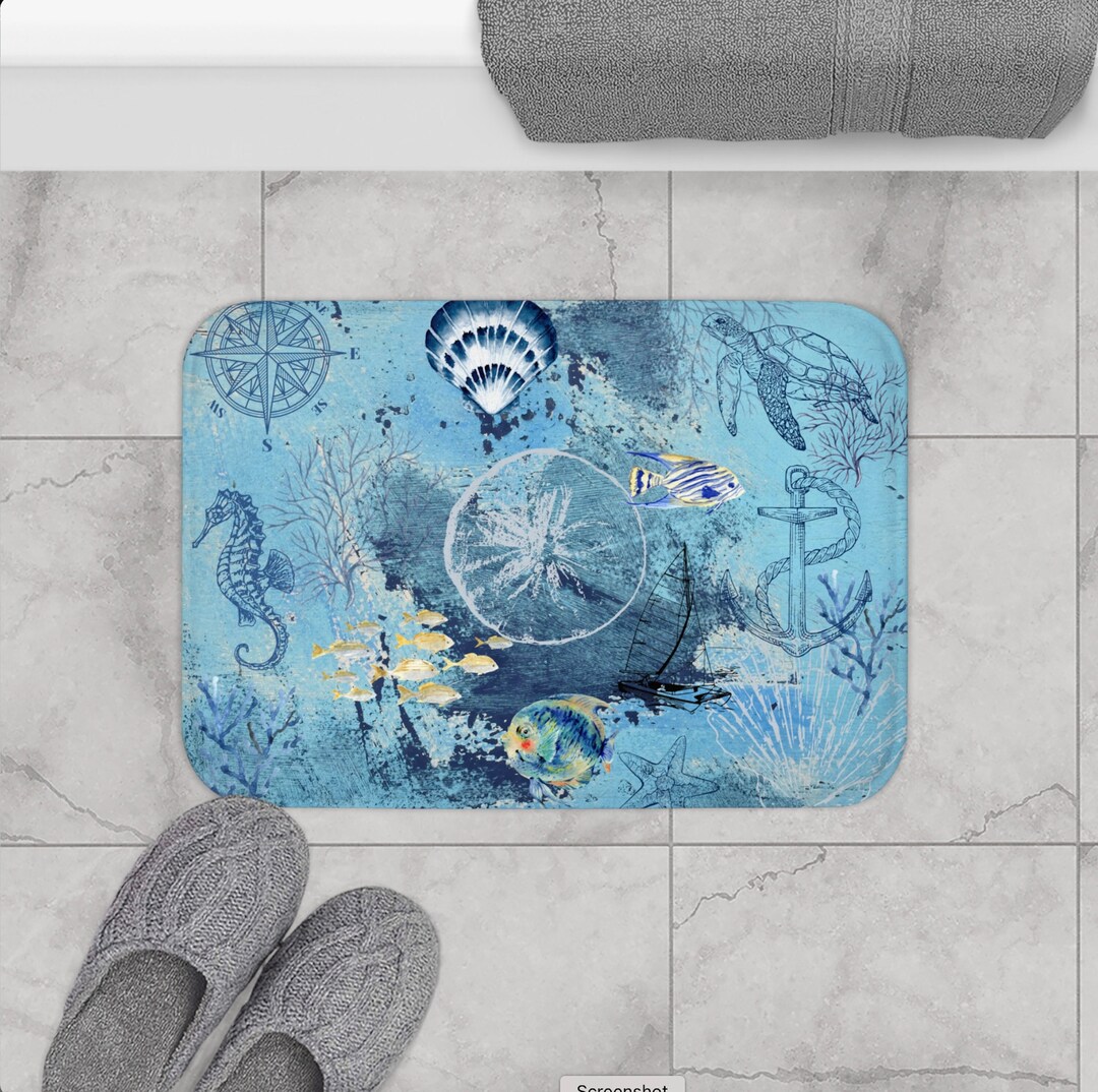 Under the Sea Bath Mat, Nautical Memory Foam Bath and Shower Mat, Aqua ...