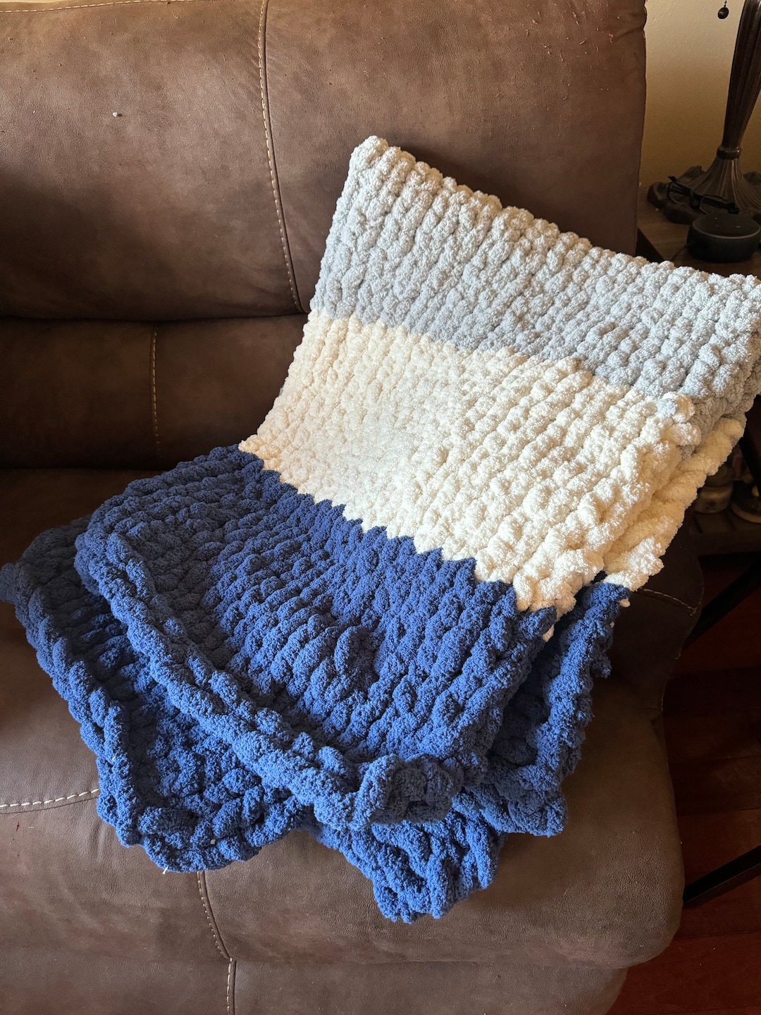 Chunky Chenille Blanket, Hand Knitted Throw, Navy Blue, Misty Gray, off ...