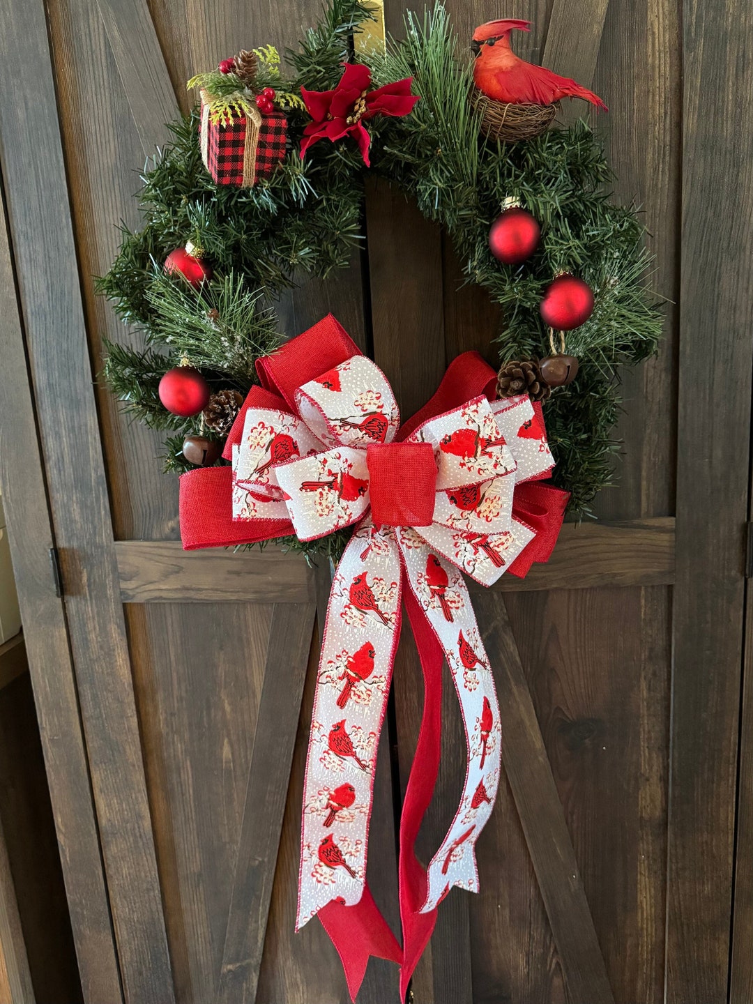 Christmas Bow Red Cardinals on White Wired Ribbon Country - Etsy