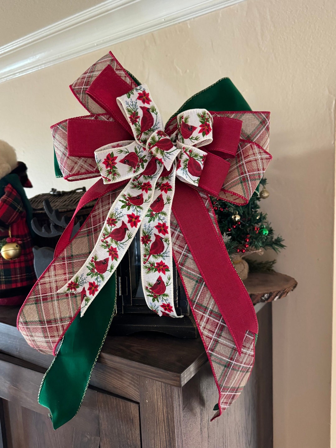 Farmhouse Christmas Bow For Wreath Lantern Tree Green Red Plaid