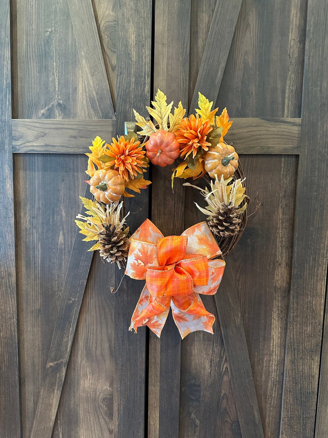 Fall Wreath, Pumpkins, Leaves, Mums, Pinecones, Orange Bow, Faux Floral ...