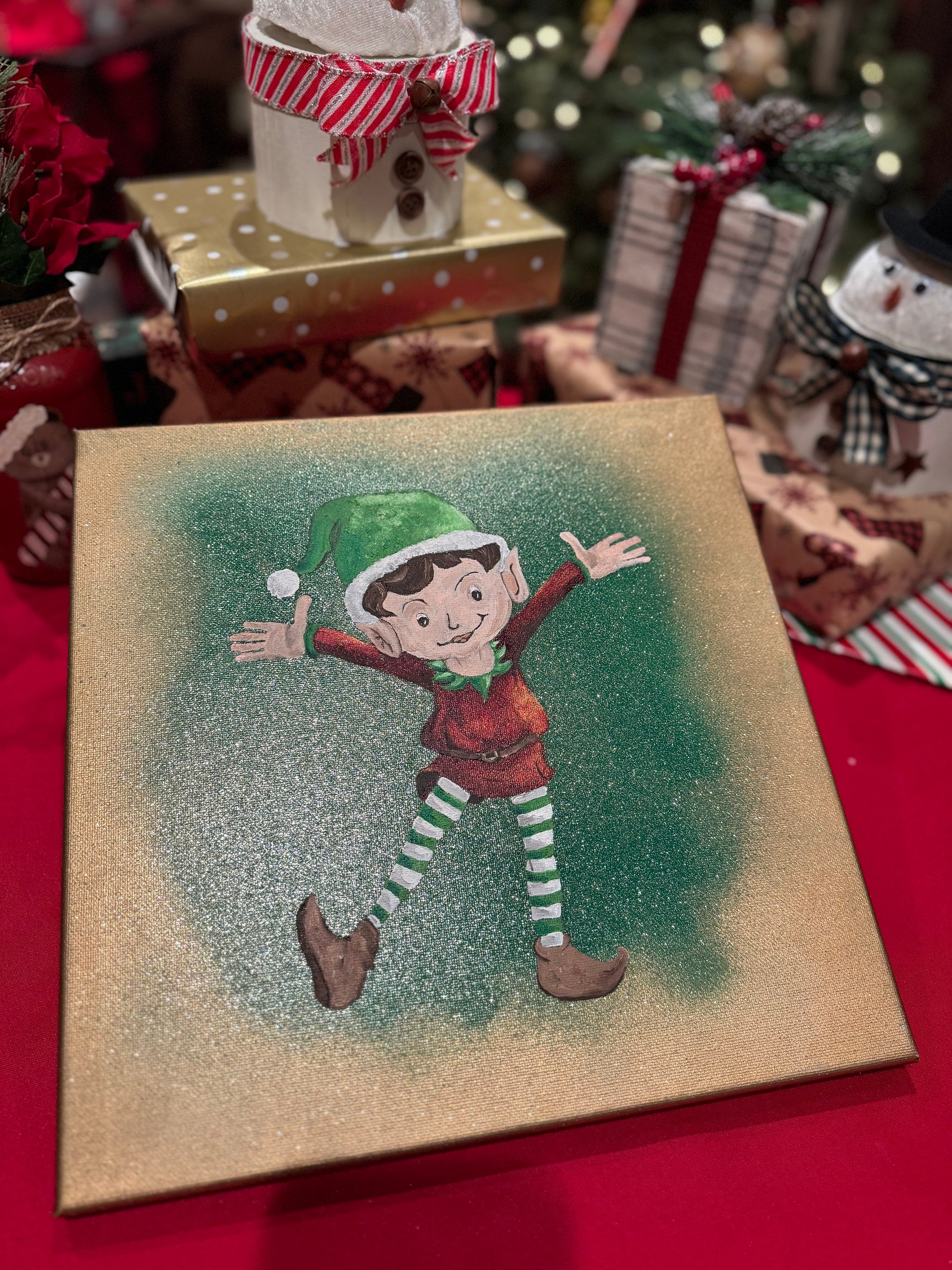 Christmas Elf Painting, Hand Painted Oil and Acrylic Paint on Stretched ...