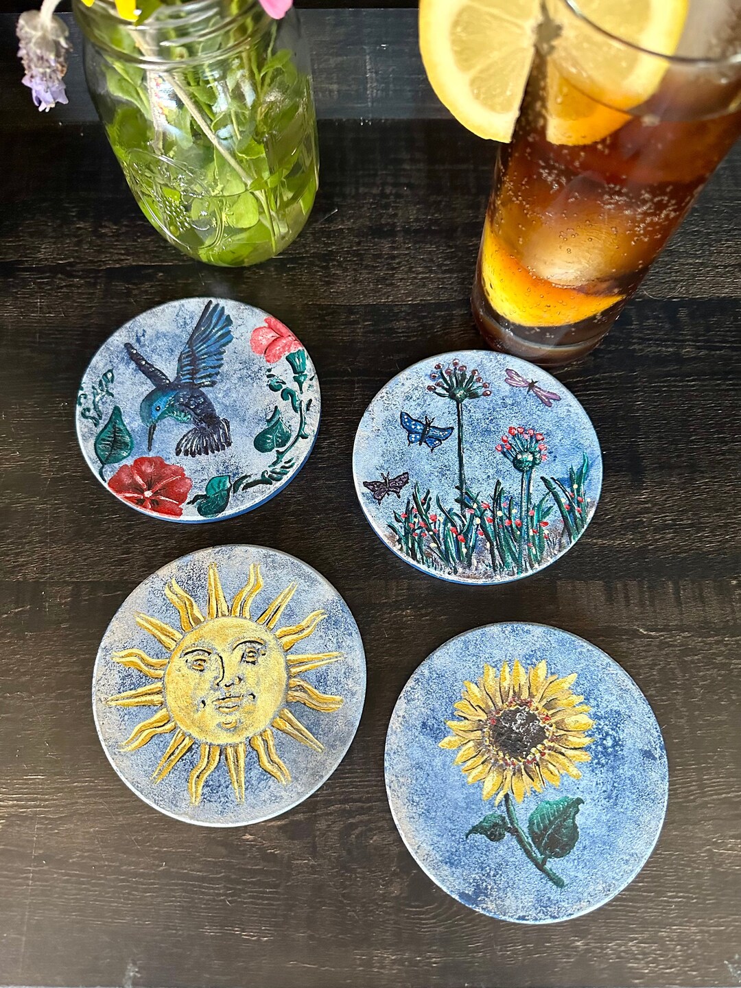 Set of 4 Ceramic Coasters Hand Painted Garden Theme Coasters - Etsy