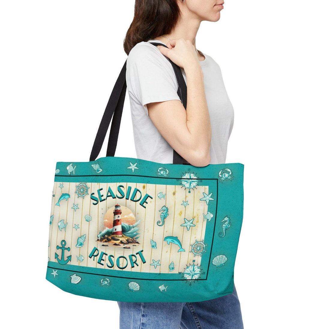 Lighthouse Tote Bag, Sea Green | Beach/pool Bag | Coastal Nautical ...
