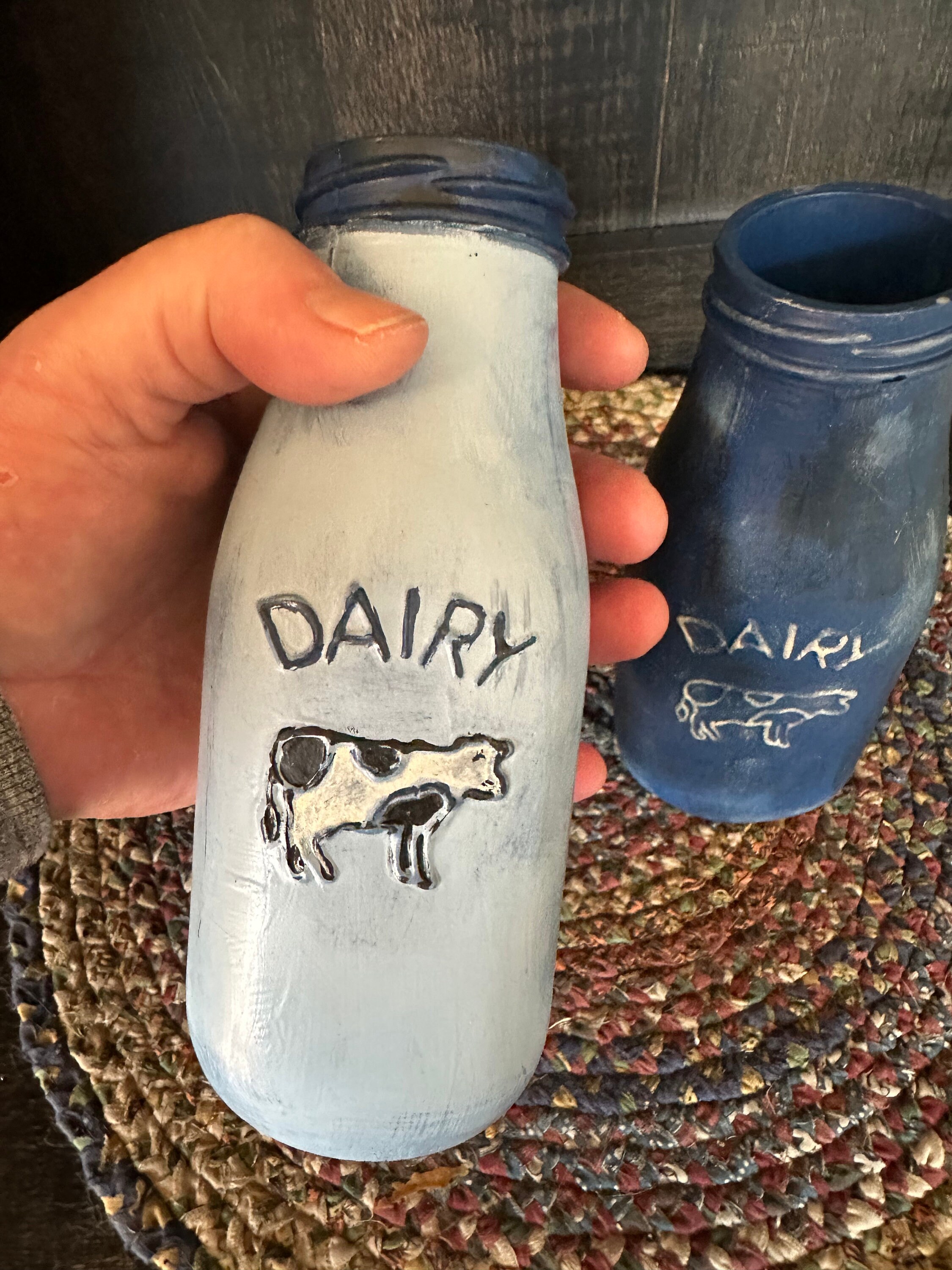 Painted Glass Vase, Milk Bottle Flower Vase, Farmhouse Decor, Navy or ...