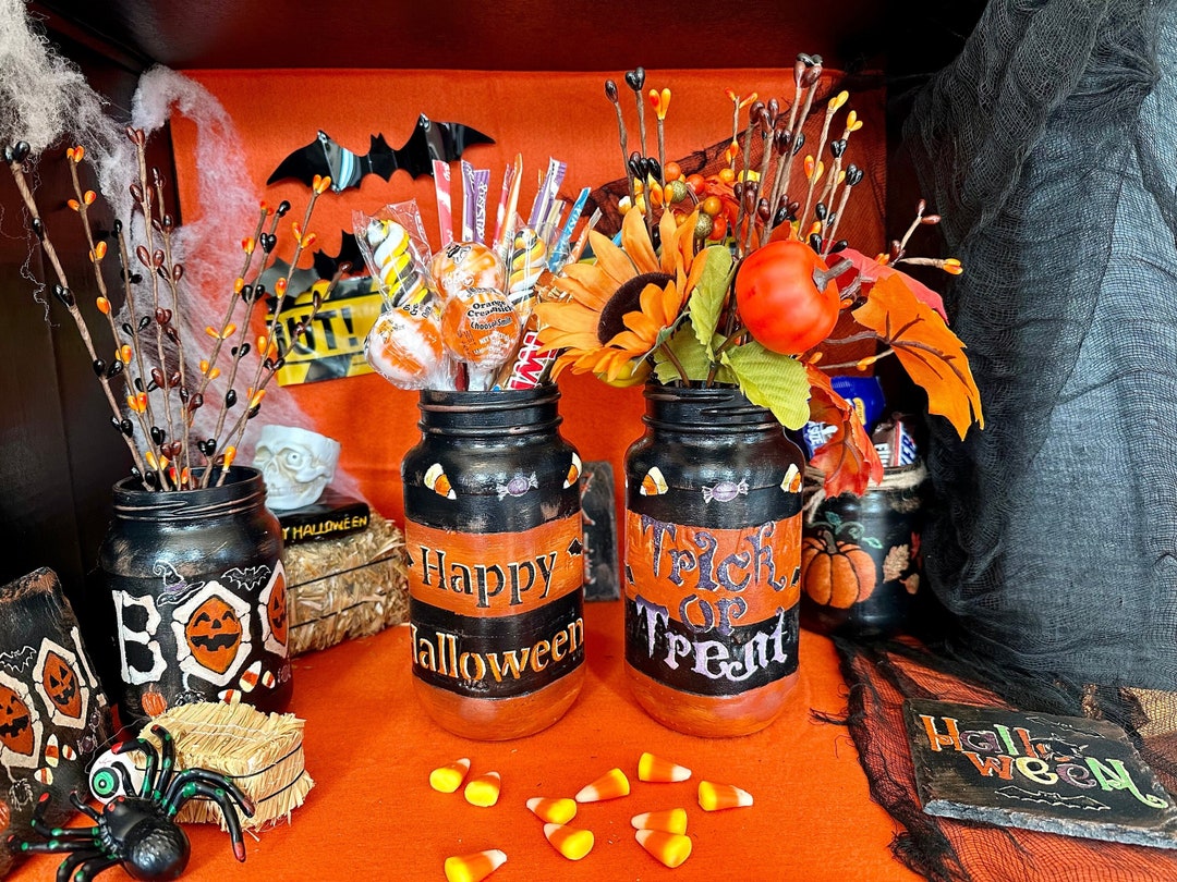 Painted Halloween Glass Jar, Large Mason Jar, Hand Painted Happy ...