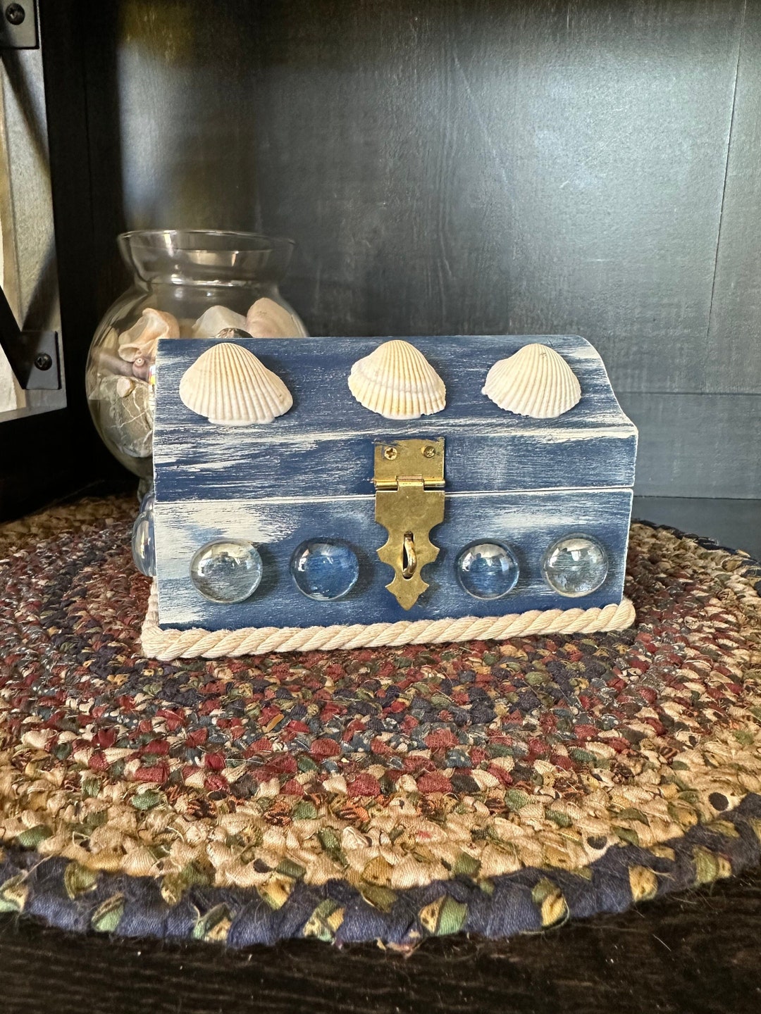 Nautical Jewelry Box, Keepsake, Trinket, Coin Storage Wood Box, Navy ...