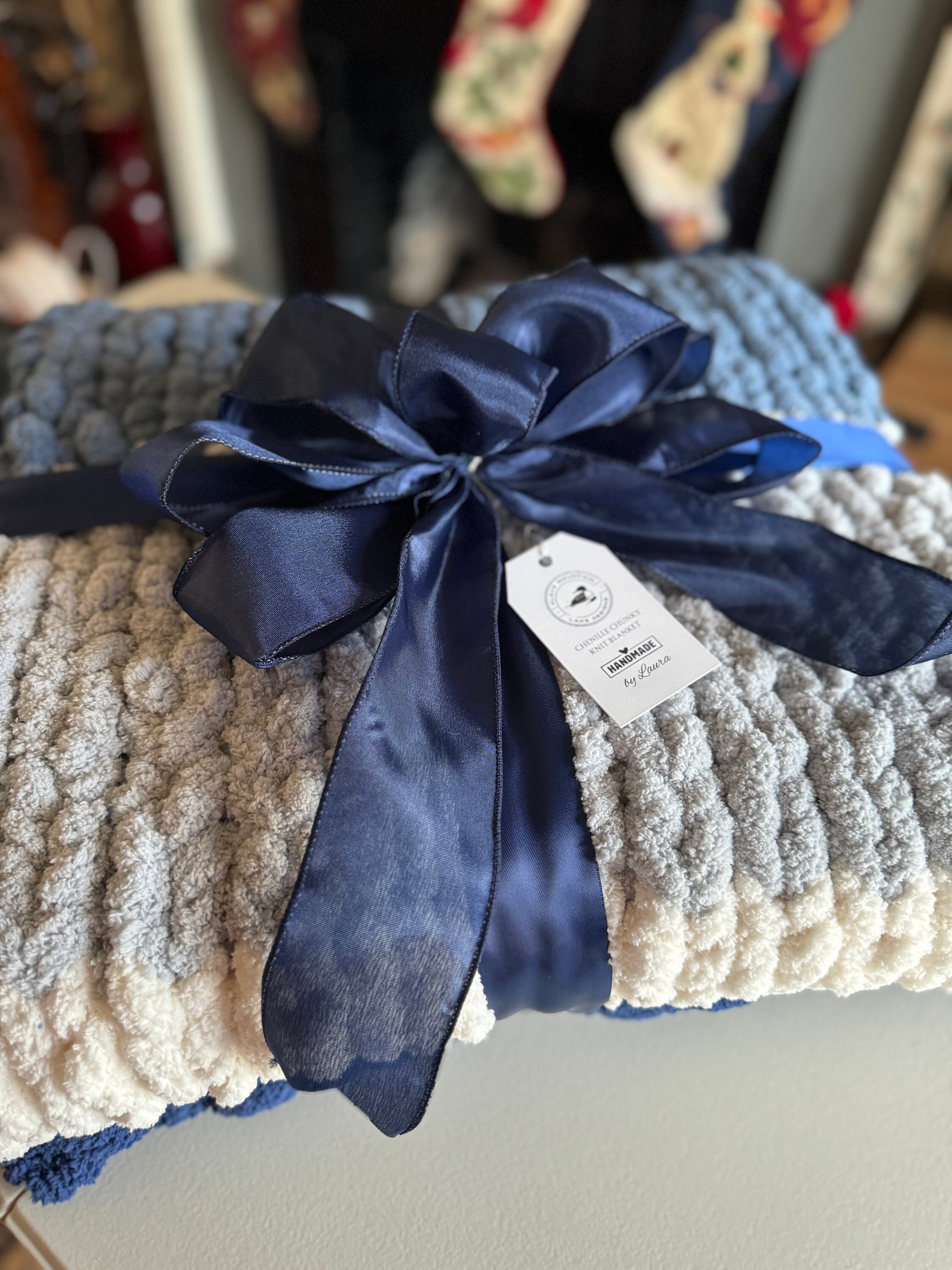 Chunky Chenille Blanket, Hand Knitted Throw, Navy Blue, Misty Gray, off ...
