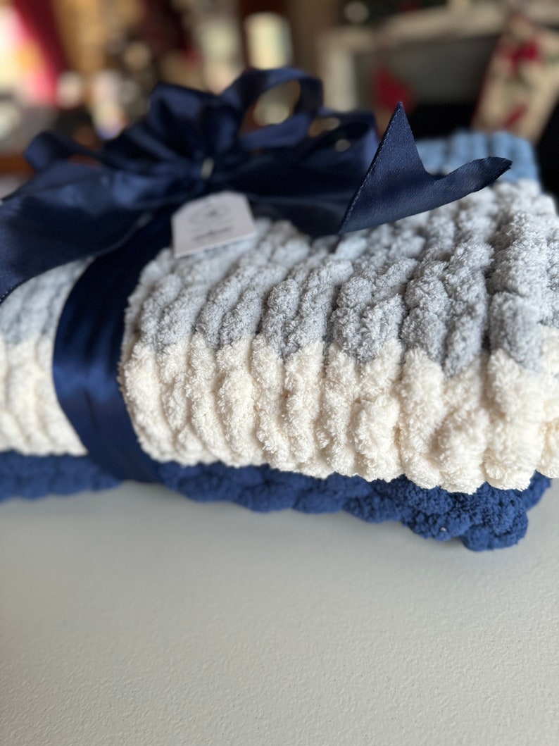 Chunky Chenille Blanket, Hand Knitted Throw, Navy Blue, Misty Gray, off ...