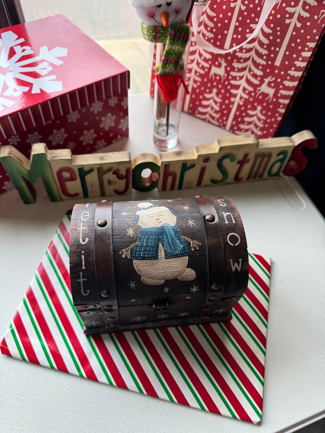 Christmas Treasure Chest Box, Hand Painted Snowman, Let It Snow Red ...