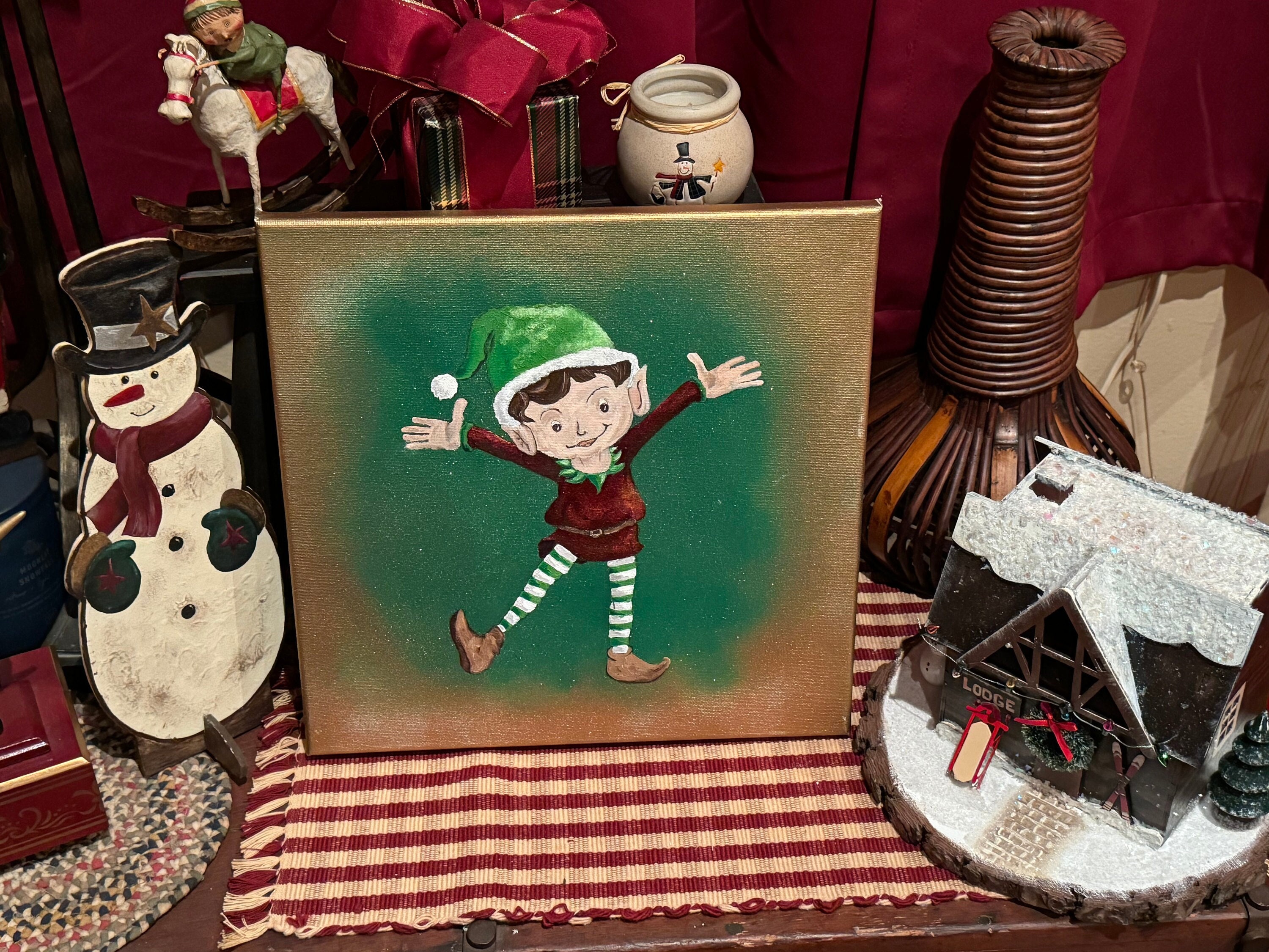 Christmas Elf Painting, Hand Painted Oil and Acrylic Paint on Stretched ...