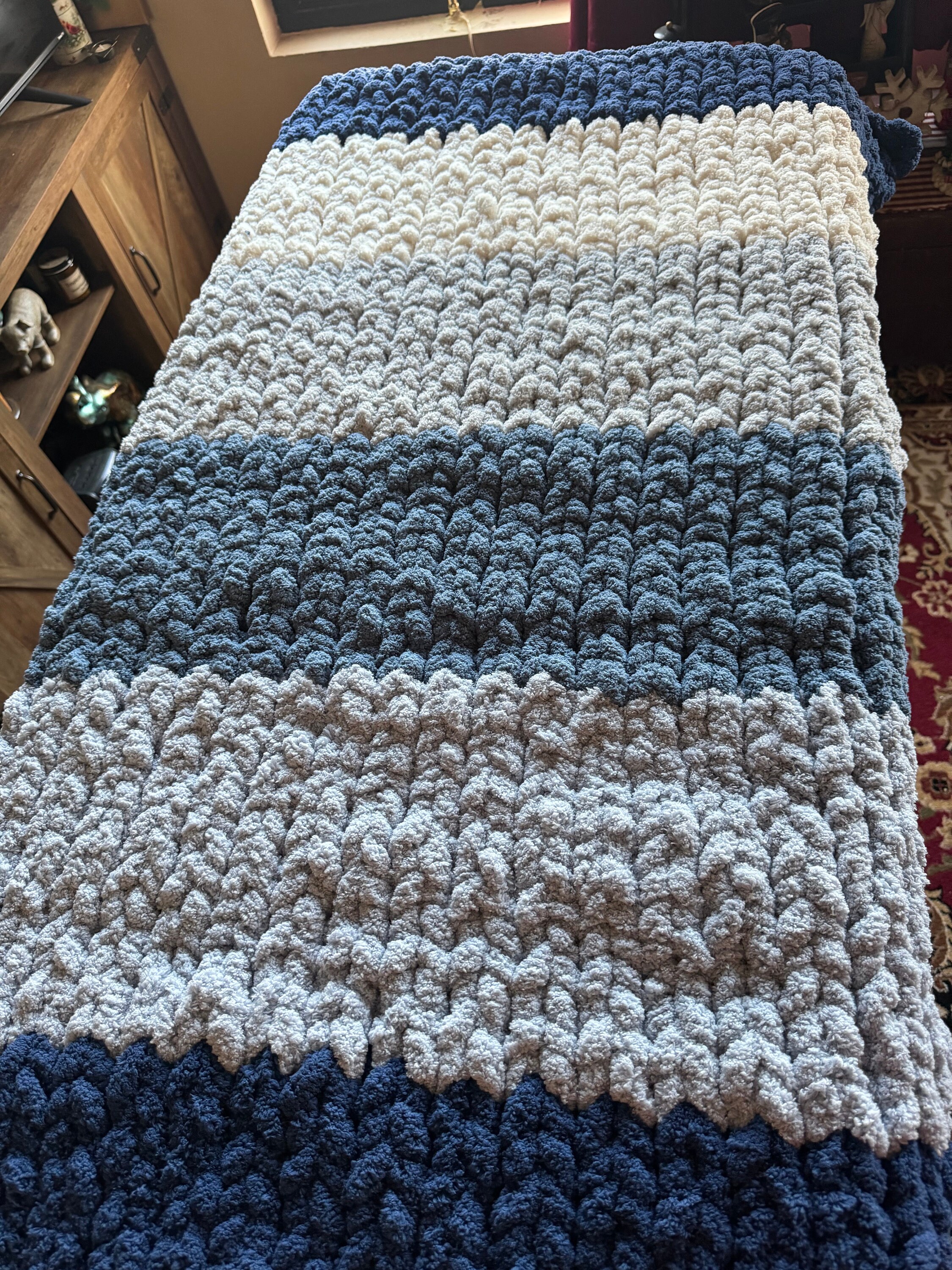 Chunky Chenille Blanket, Hand Knitted Throw, Navy Blue, Misty Gray, off ...