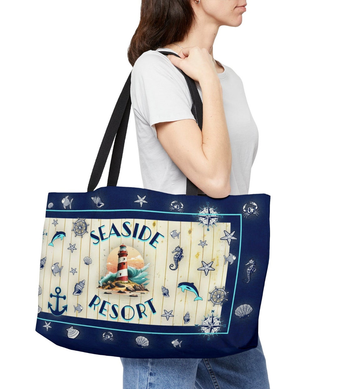 Lighthouse Tote Bag Navy Blue | Beach/pool Bag | Coastal and Nautical ...