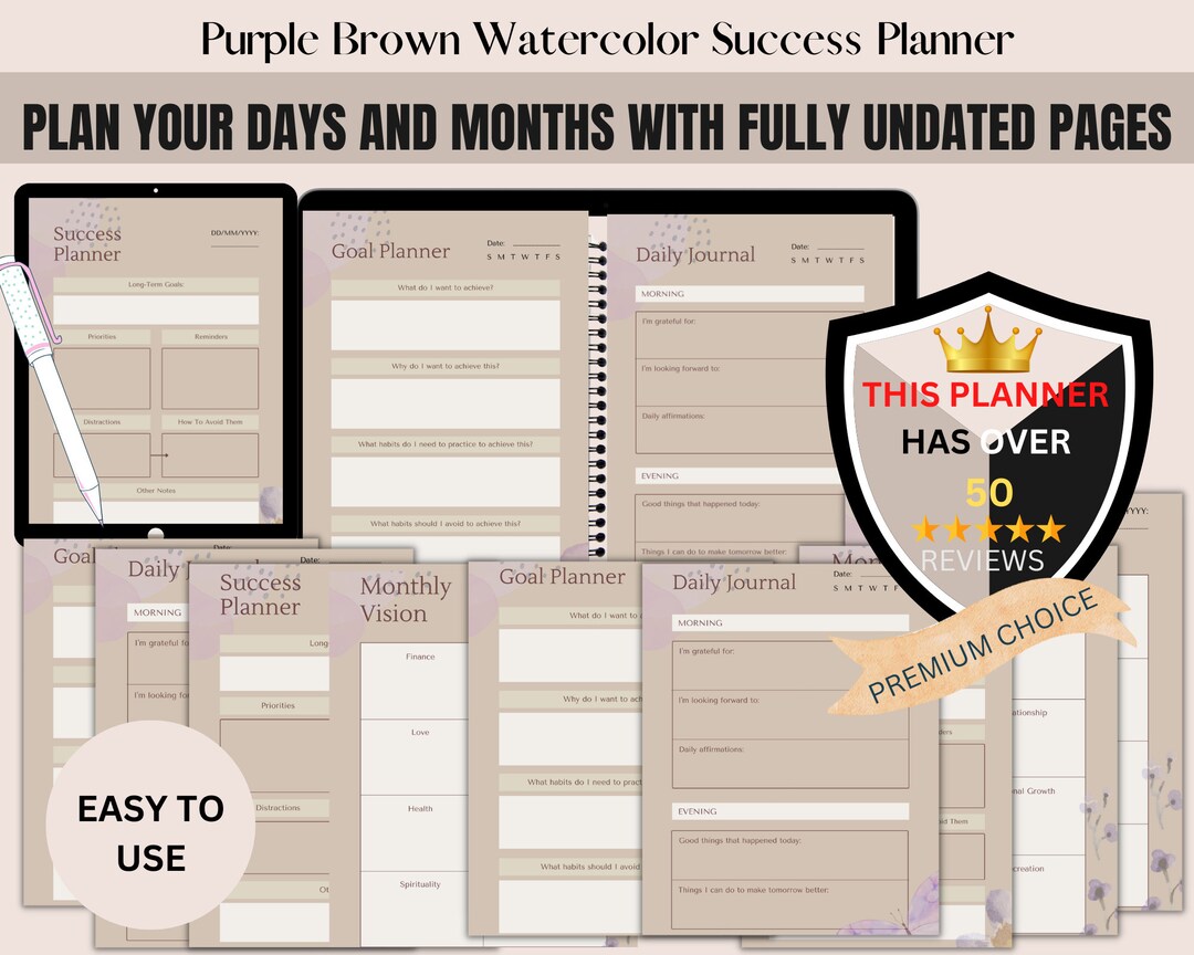 Purple Brown Watercolor Success Planner, Printable, Digital Planner ...