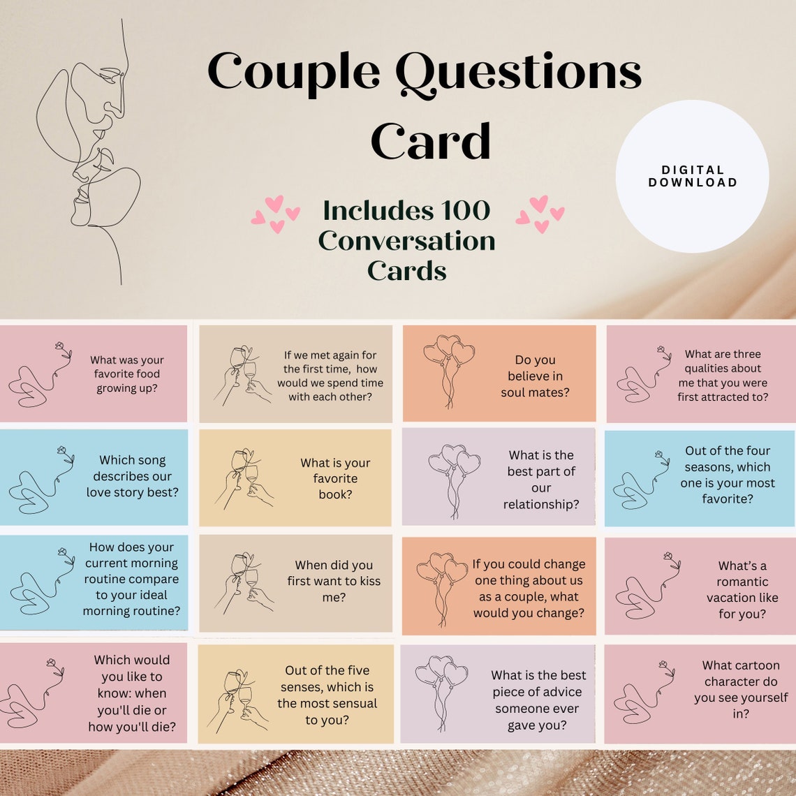 Couple Conversation Starter Cards: 100 Relationship Questions (digital ...