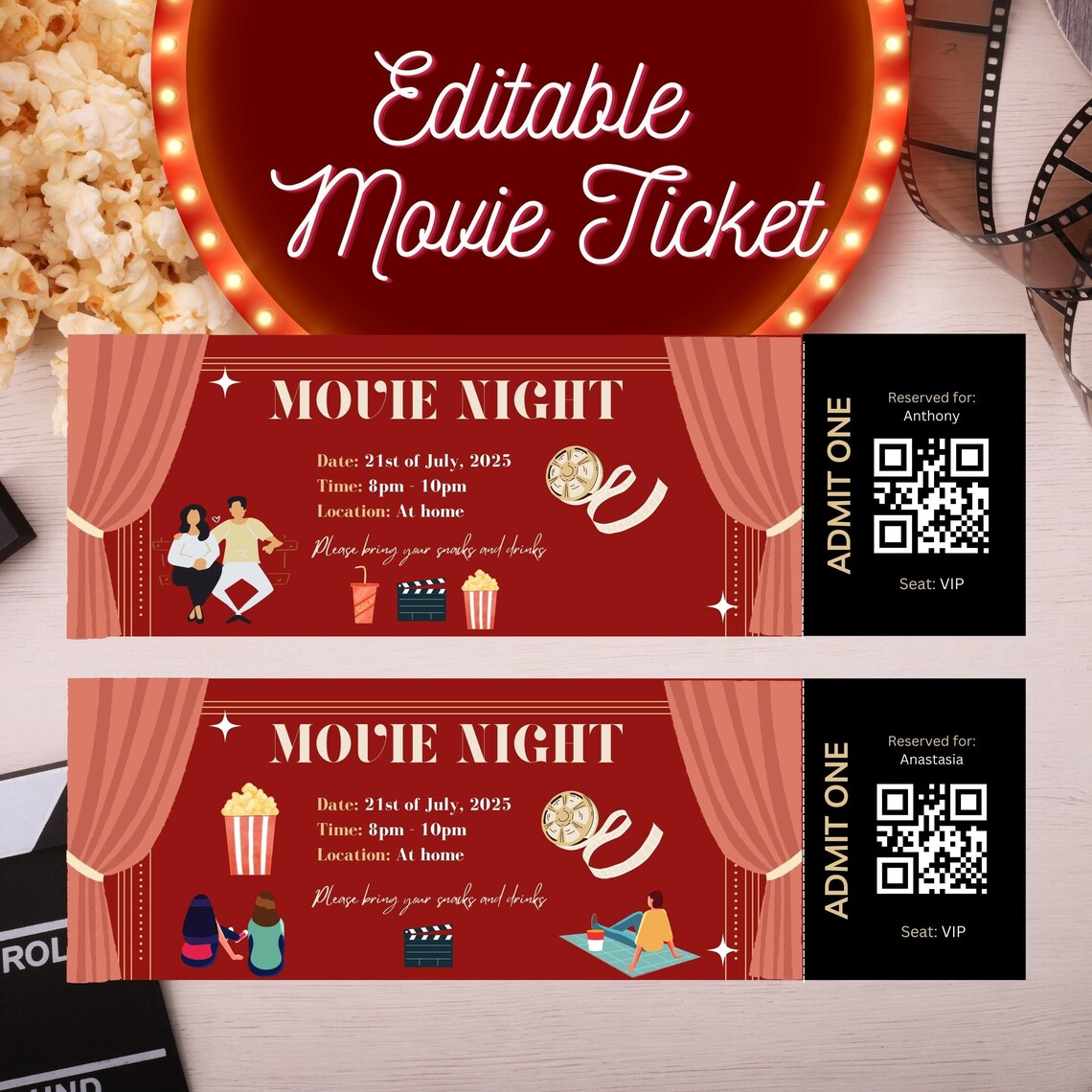 Printable Movie Night Ticket, Cinema Themed Ticket, Editable Movie Gift ...