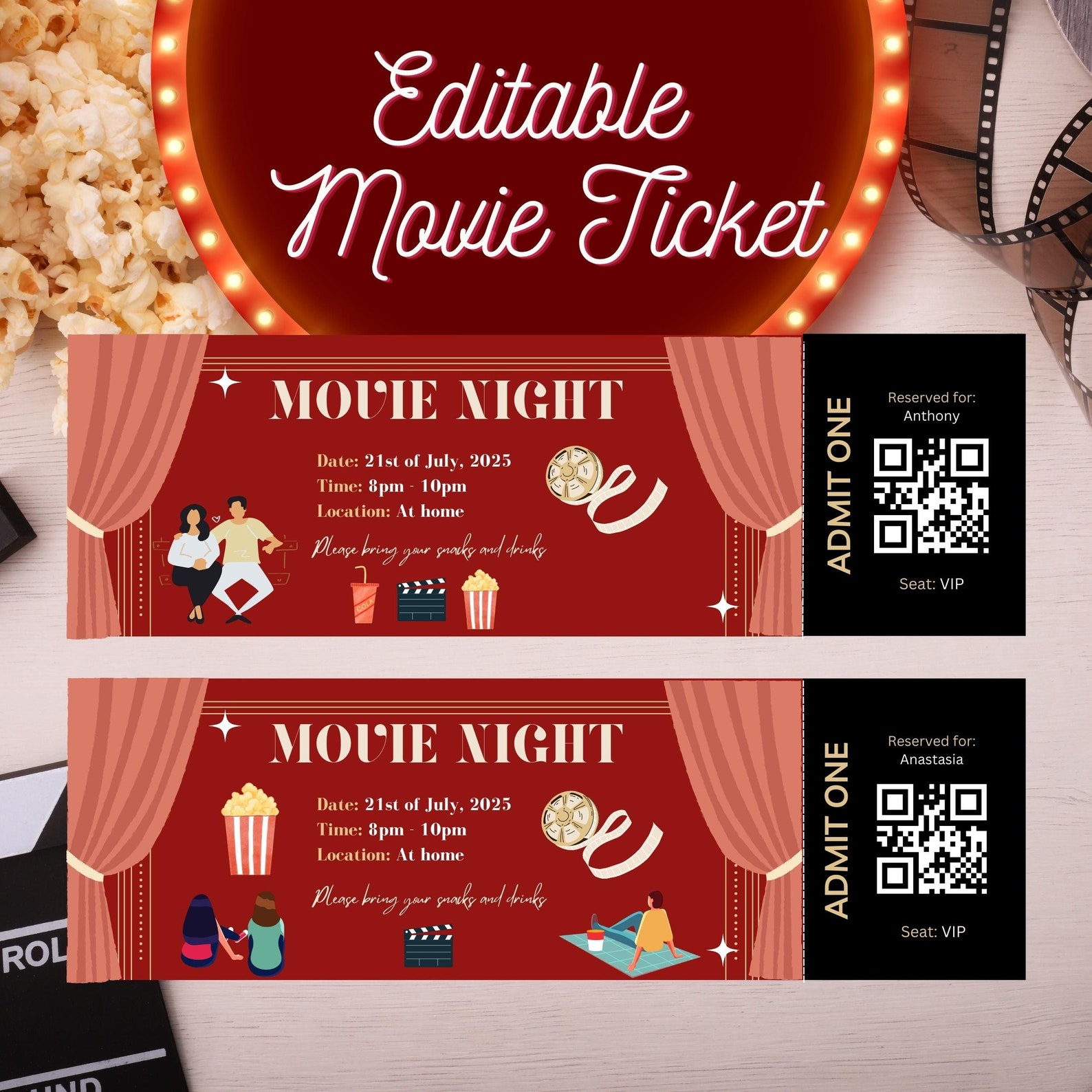Printable Movie Night Ticket, Cinema Themed Ticket, Editable Movie Gift ...
