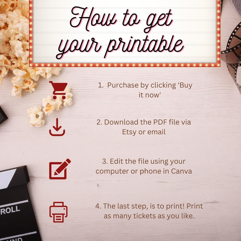 Printable Movie Night Ticket, Cinema Themed Ticket, Editable Movie Gift ...