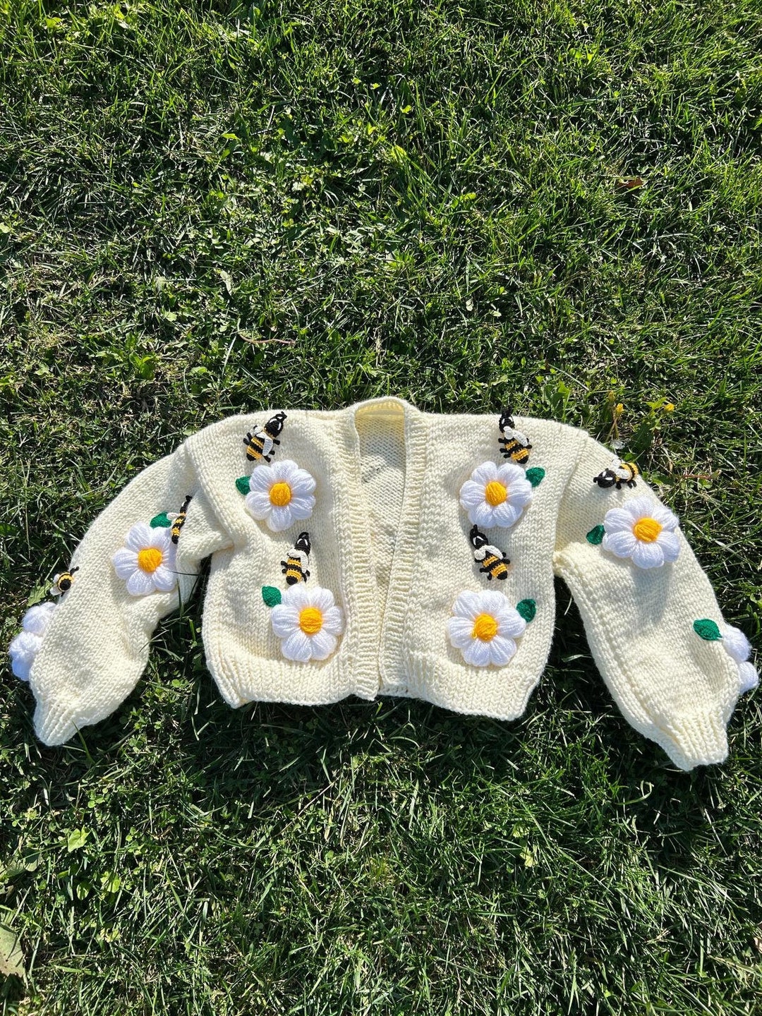 Knitted Cardigan for Women, Bee and Daisy Cardigan, Honey Bee Daisy ...
