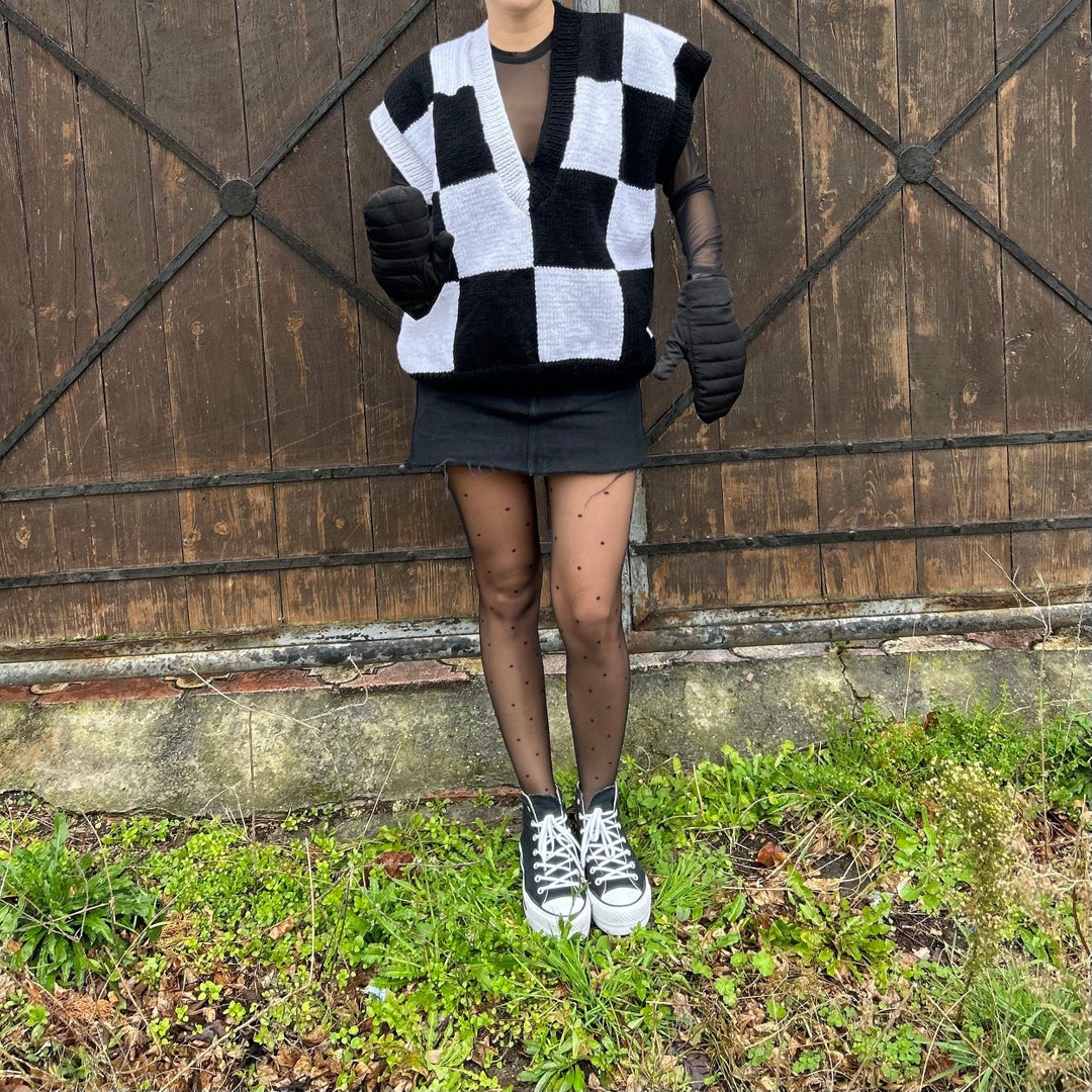 Handmade Knitted Sweater,wednesday Addams Vest,black White Checkered ...